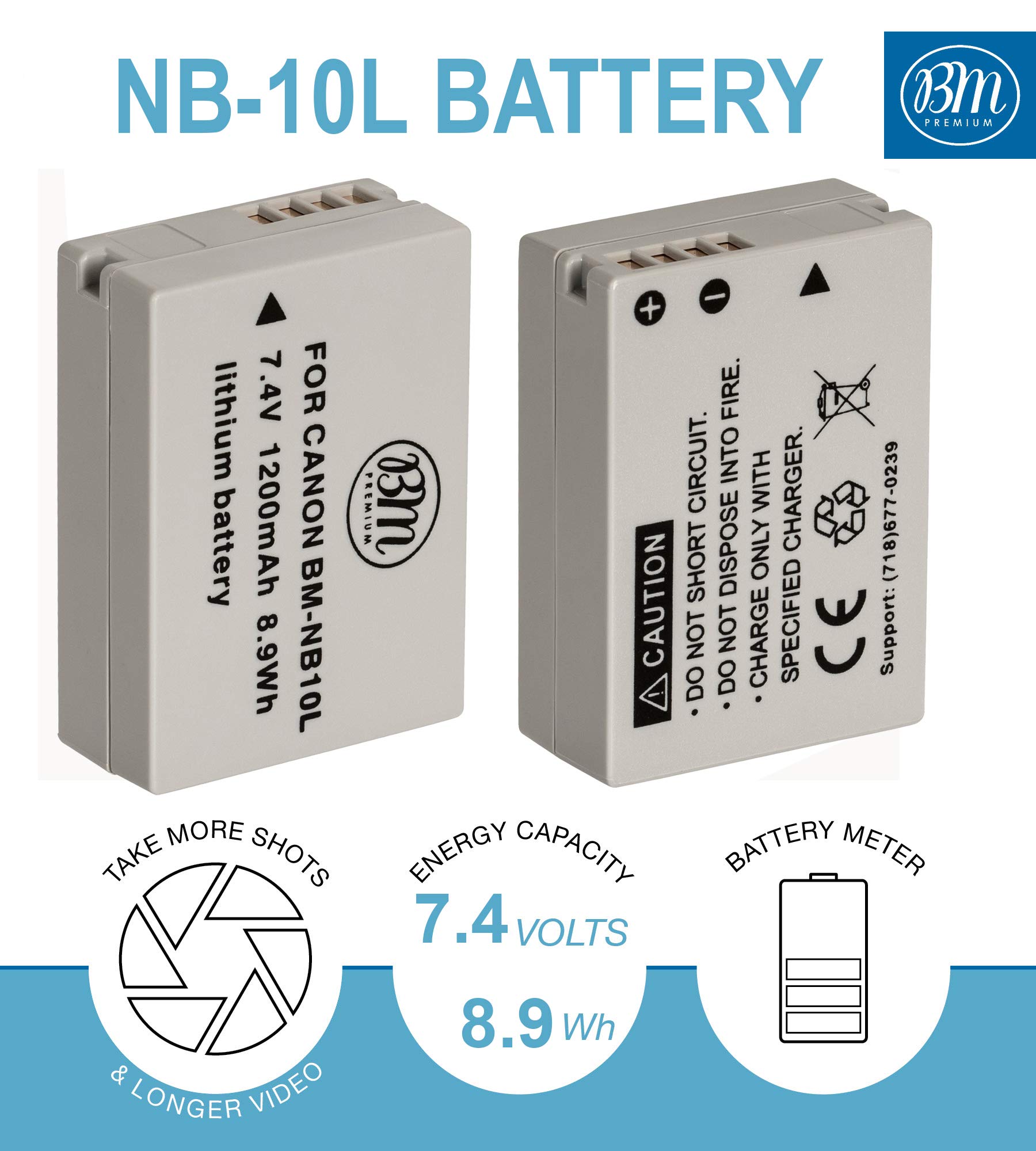 BM Premium 2 Pack of NB-10L Battery and Charger Kit for Canon PowerShot G15, G16, G1X, G3X, SX40 HS, SX40HS, SX50 HS, SX60 HS Digital Camera