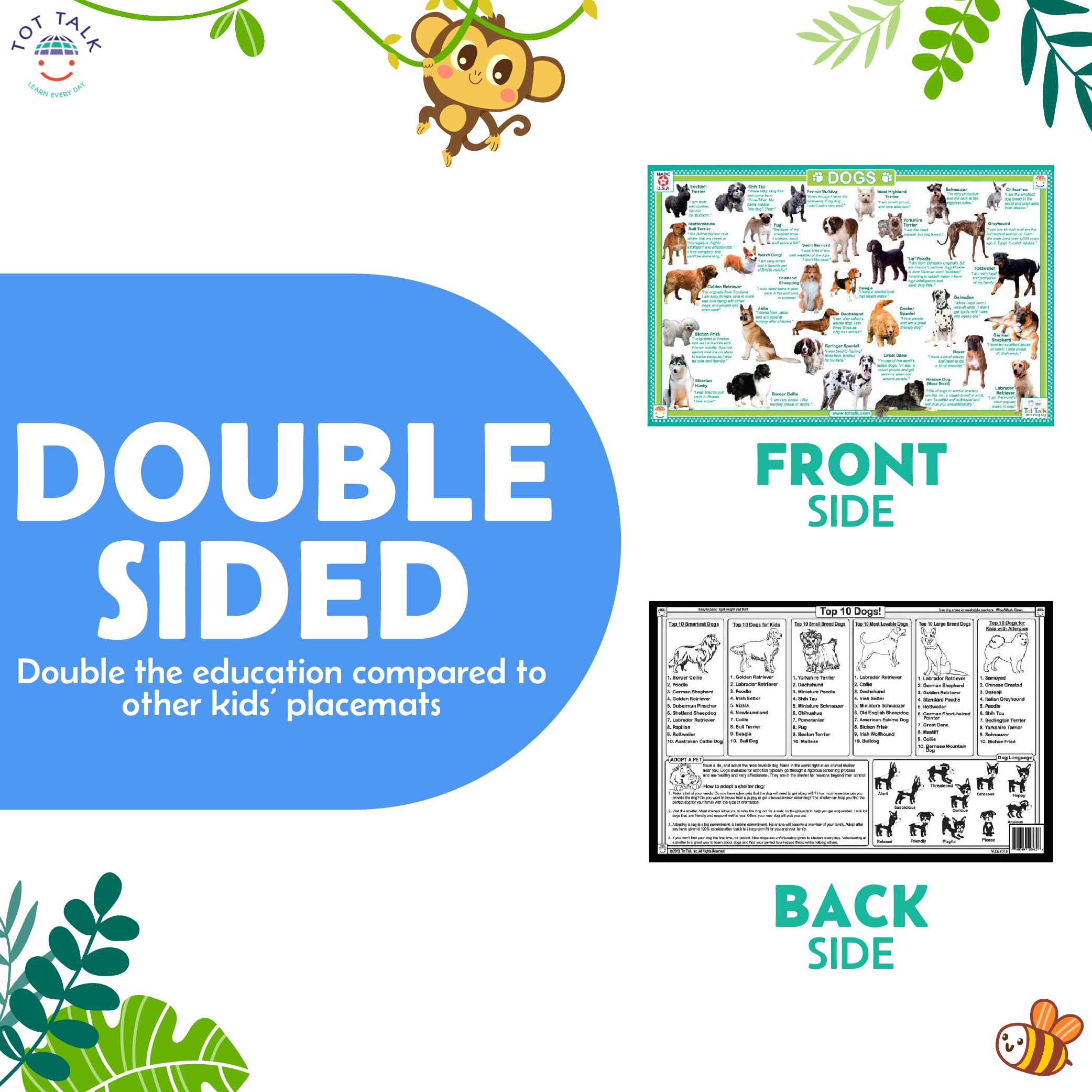 Tot Talk Mountain Animals Educational Placemat for Kids – Made in USA – Durable, Double-Sided, Learning Placemat with Mountain Wildlife & Nature Facts & Coloring– Waterproof, Wipeable, 17.5” x 11.5”
