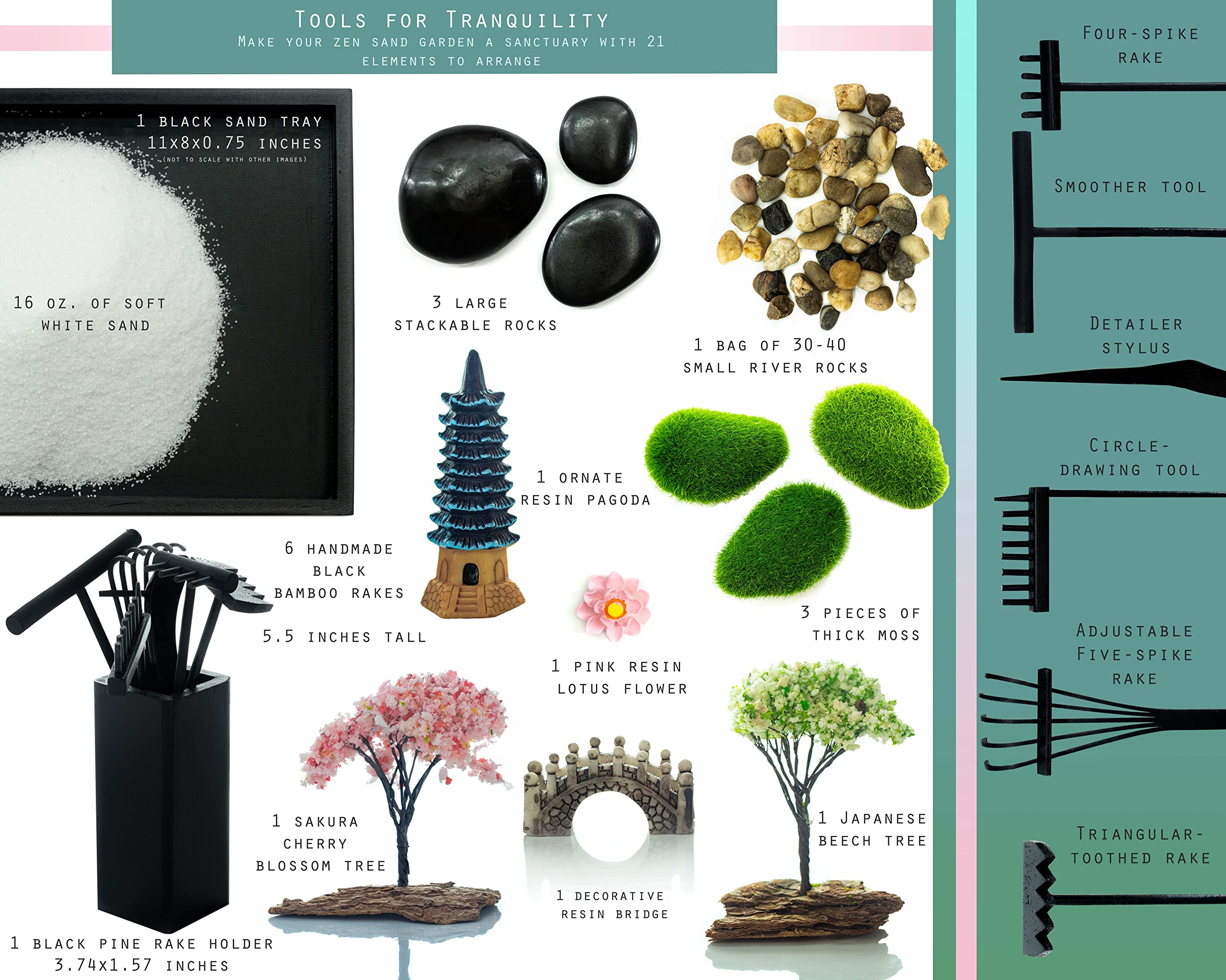Zen Garden for Desk – 21pc. Japanese Zen Sand Garden Kit for Home, Office Desktop, Beautiful Gift, Therapy, Meditation Mini Decor Set– 11x8in. Large Sand Tray, Rocks, Black Rake Tools & Accessories