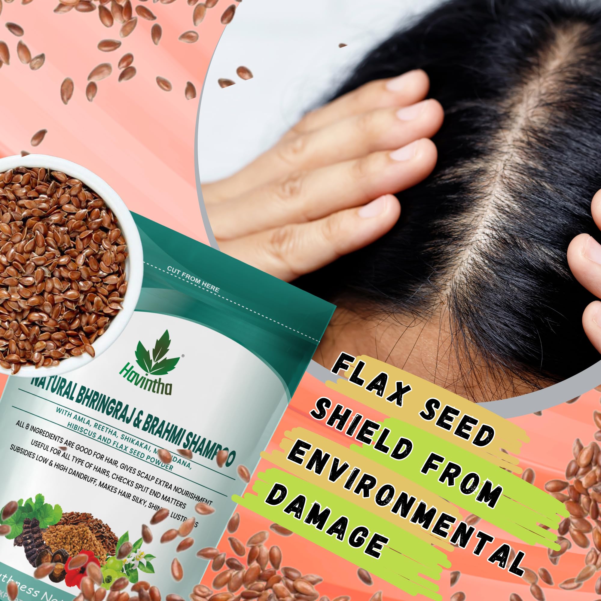 Havintha Natural Shampoo for Hair with Amla Reetha Shikakai Methidana Hibiscus Bhringraj Brahmi and Flax Seed Powder, 227gm