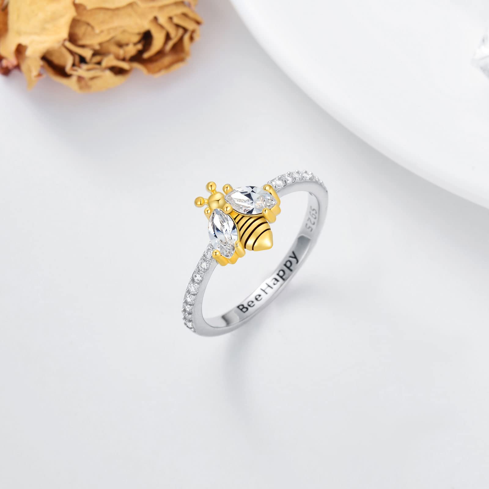 Bee Ring Sterling Silver Bee Band Ring with Crystal Promise Ring Gift for Women Teen Girl (6)