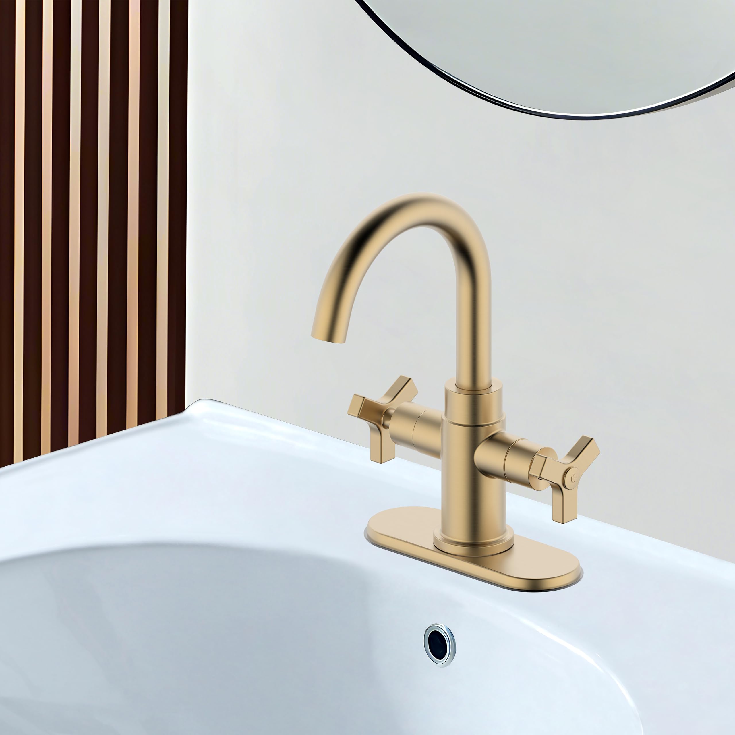 Derengge Brushed Gold Bathroom Faucet,Two-Handle Bathroom Sink Faucet Water Supply Line,Single Hole Lavatory Vantity Faucet,F-0081-CS