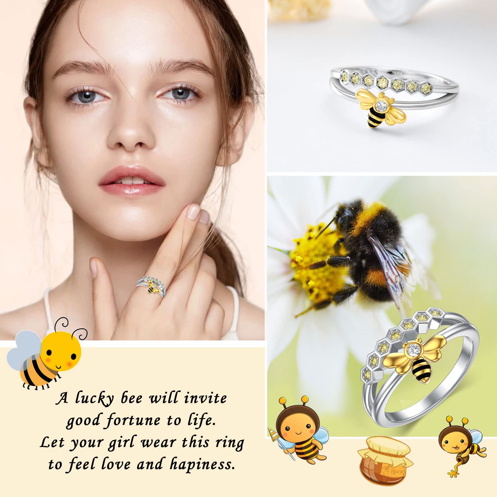 Bee Ring Sterling Silver Bee Band Ring with Cubic Zirconia Promise Ring Gift for Women (5)
