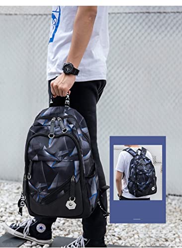 ETAISHOW Geometric-Print Boys Backpack for Elementary Middle School Kids Bookbag School Bag for Teens Black Blue