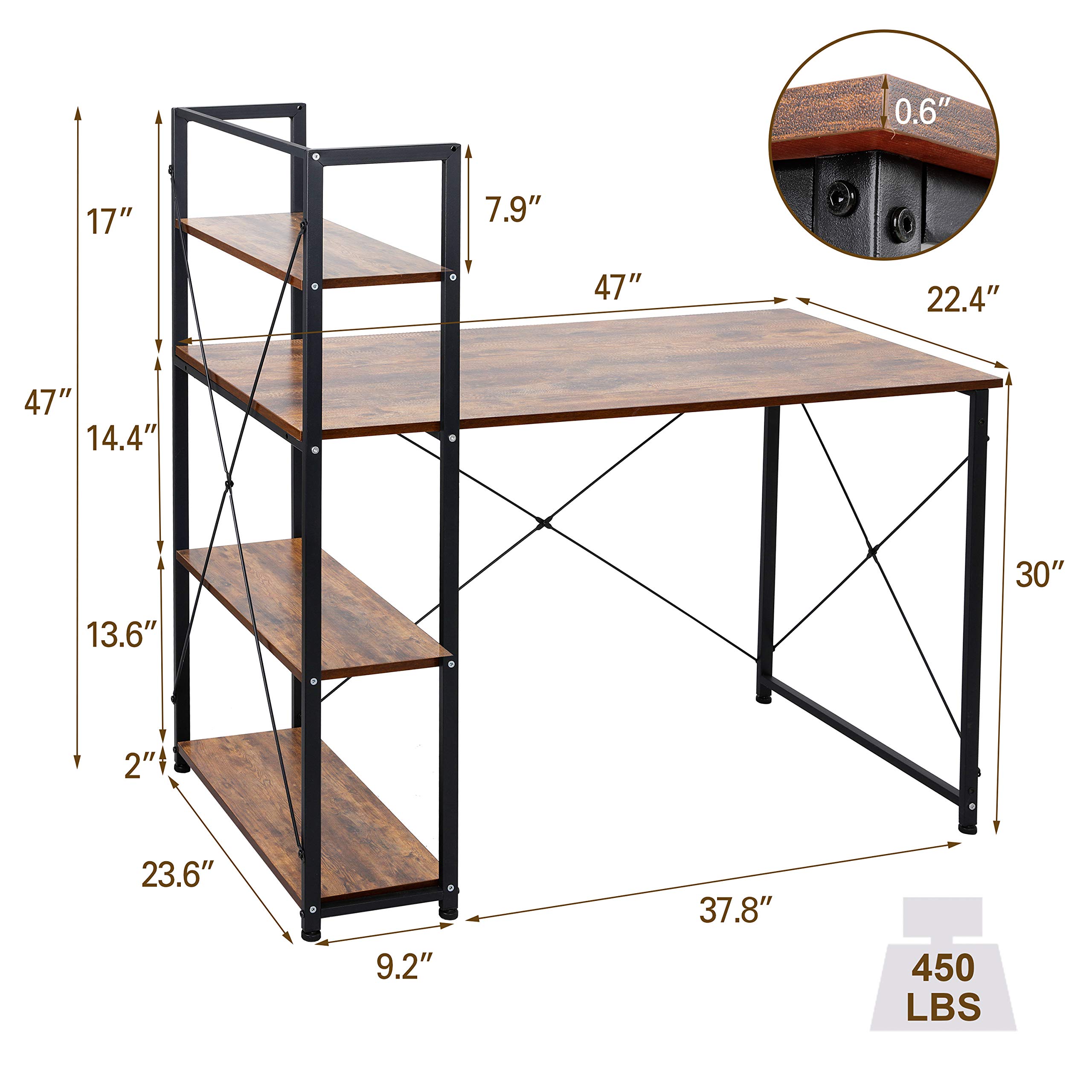 AuAg Computer Desk with 4 Tier Storage Shelves, 47” Home Office Desk with Reversible Bookshelf, Writing Study Table Workstation with Tower Shelf for Small Space(Rustic Brown)