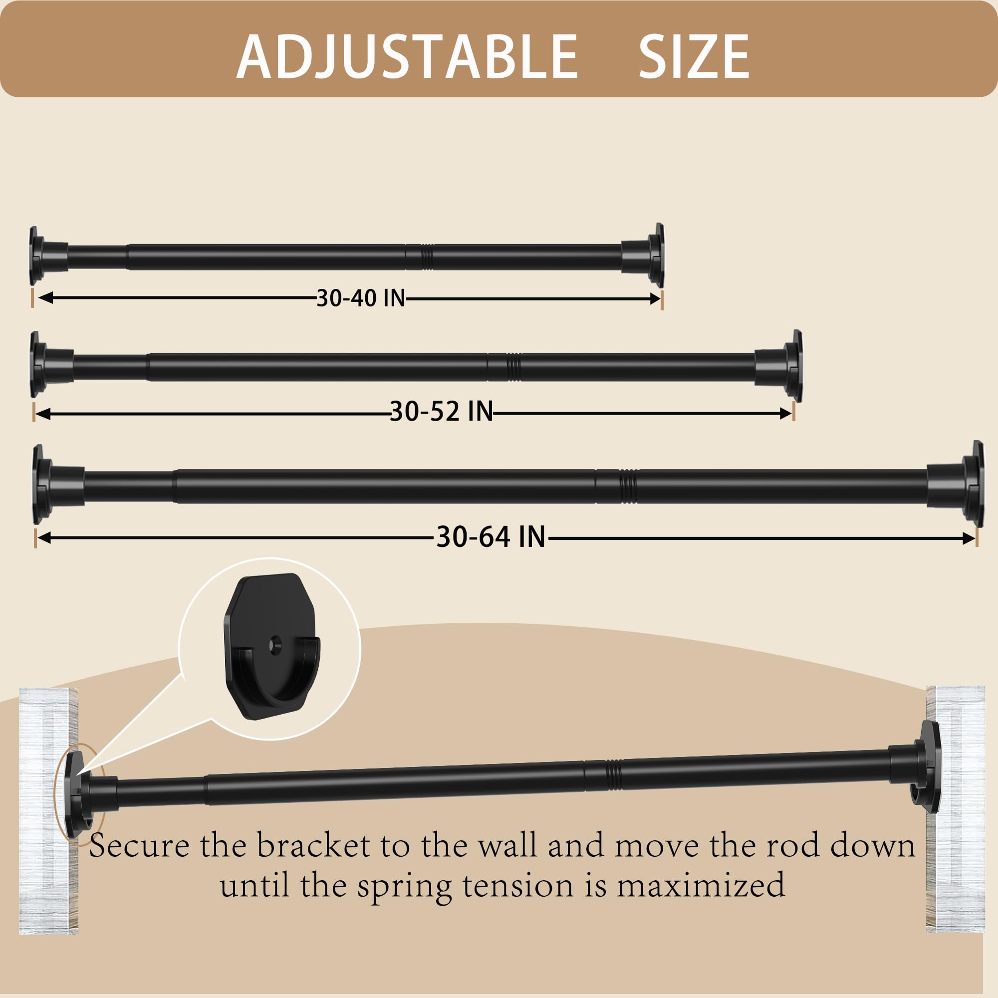 Closet Rod 30-52 Inches,No Drilling Adjustable Closet Rods for Hanging Clothes,Space Saving Tension Spring Pole Closet Bar for Wardrobes(With Holder)