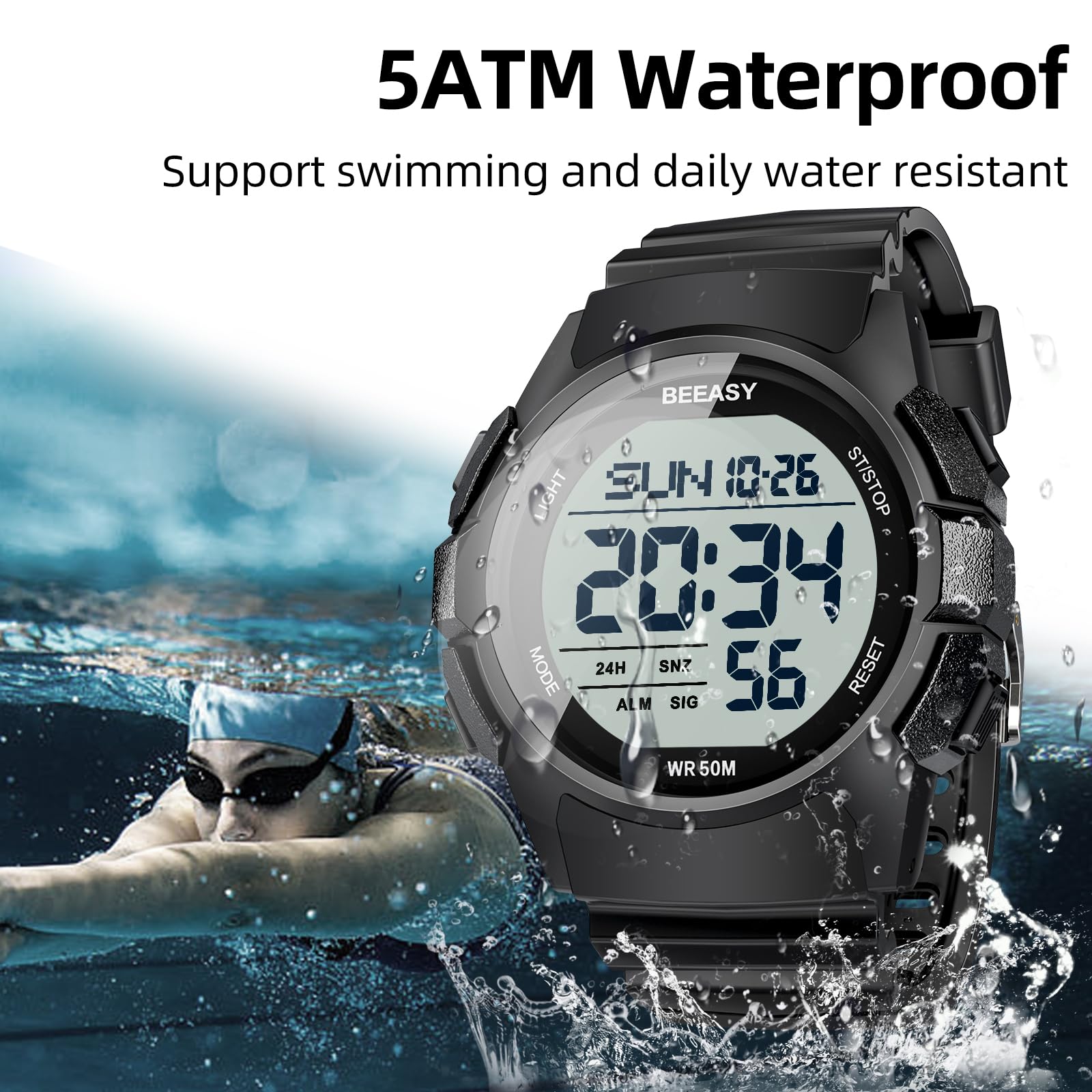 Beeasy Men Digital Sports Watch,Waterproof Watch with Stopwatch Countdown Timer Alarm Function Dual Time Rubber Strap Wrist Watch for Men/Student (05 White)