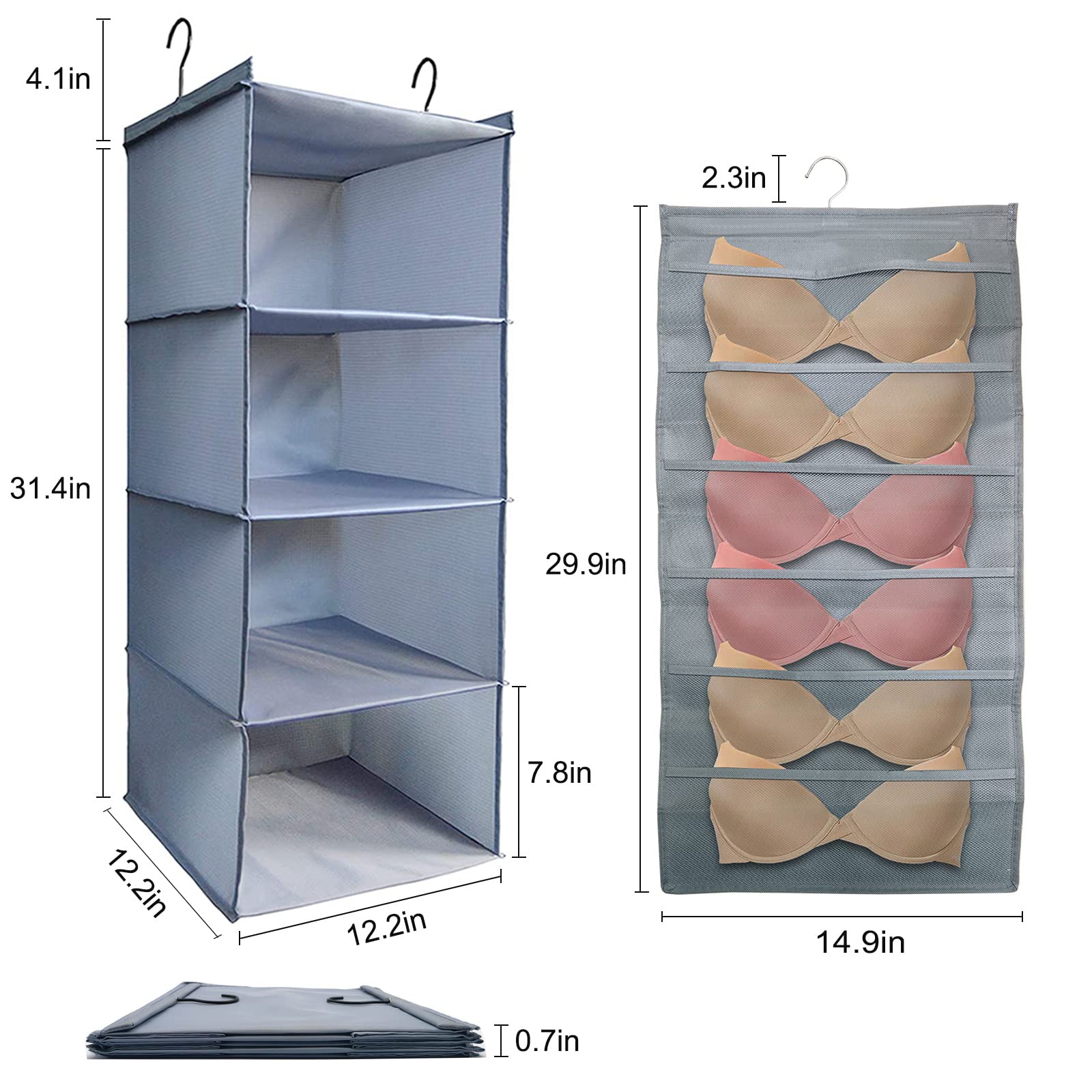 Taoomeho Hanging Closet Organizers and Storage Set,4-Shelf Foldable Hanging Storage Shelves and Dual-Sided Storage Bags,Great for Clothes Bag Bra Underwear Underpants Socks Organization Storage,Gray