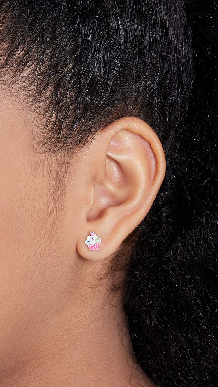 AUBE JEWELRY Hypoallergenic 925 Sterling Silver Cupcake Stud Earrings Adorned with Crystal with Silicone Coated Push Backs for Girls and Women