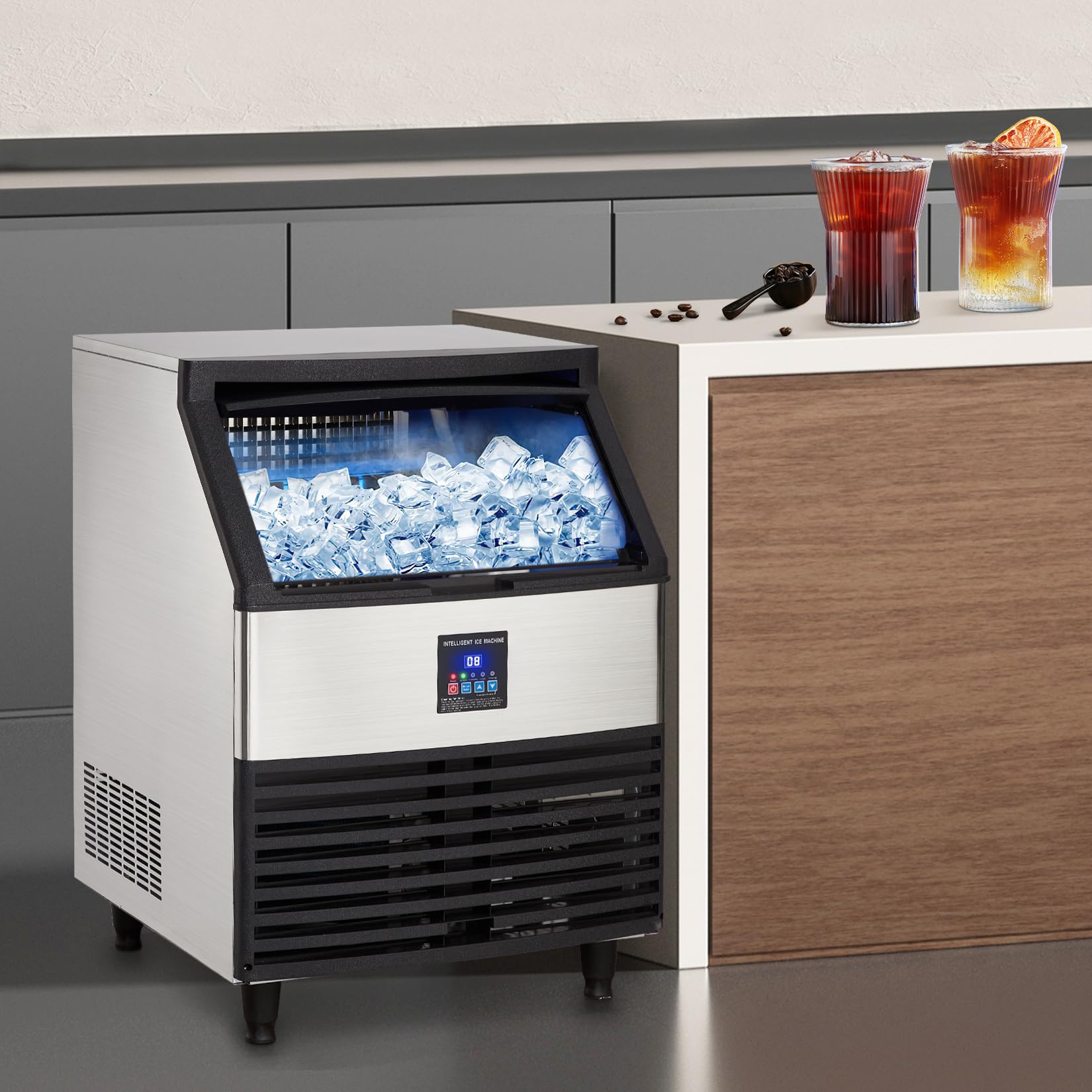 Commercial Ice Maker 300lbs/24H, 100lbs Storage Bin, Under Counter Ice Machine 500W, Freestanding Ice Machine with Ice Scoop, Self-Cleaning, for Restaurants/Bars