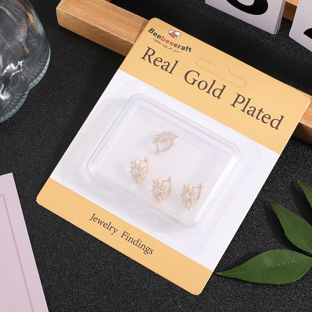 Beebeecraft 1 Box 6Pcs Sun Earring Findings 18K Gold Plated Cubic Zirconia U Shaped Earring Hooks for DIY Jewelry Making Supplies Pin: 0.8mm