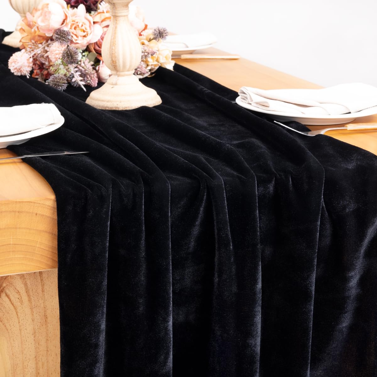 Socomi Black Velvet Table Runner 20 x 120 Inches 10ft Luxurious Thick Cotton Christmas Thanksgiving Wedding Runner for New Year Bridal Shower