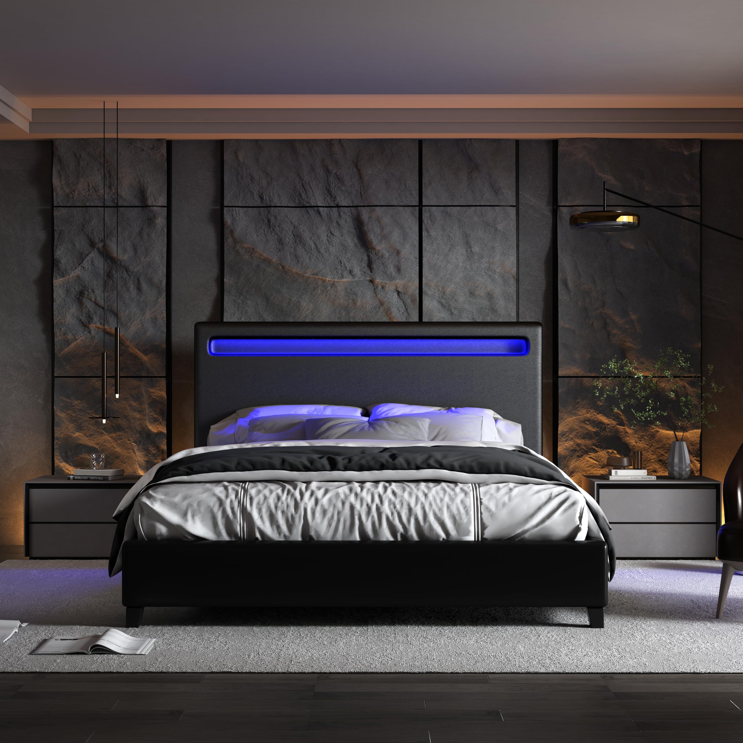 BAOMKONG Queen Size Platform Bed Frame with LED Lighting,Faux Leather Upholstered and Wood Slat Support,No Box Spring Needed, Black