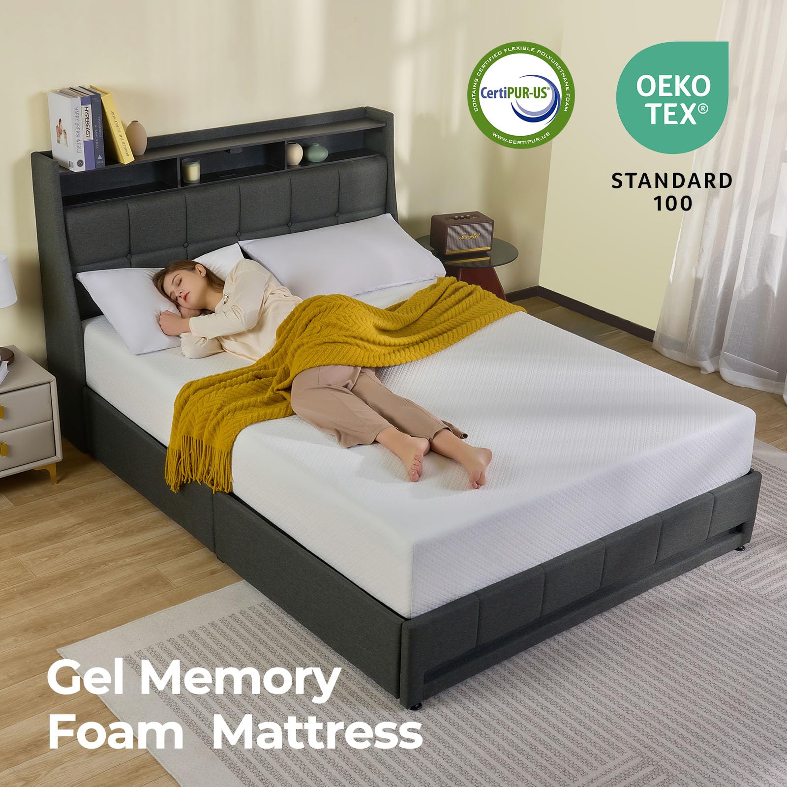 Rolanstar Full Mattress with Waterproof Mattress Protector, 8 inch Gel Memory Foam in a Box, Fiberglass Free, Breathable for Cool Sleep & Comfy Support, CertiPUR-US Certified, White