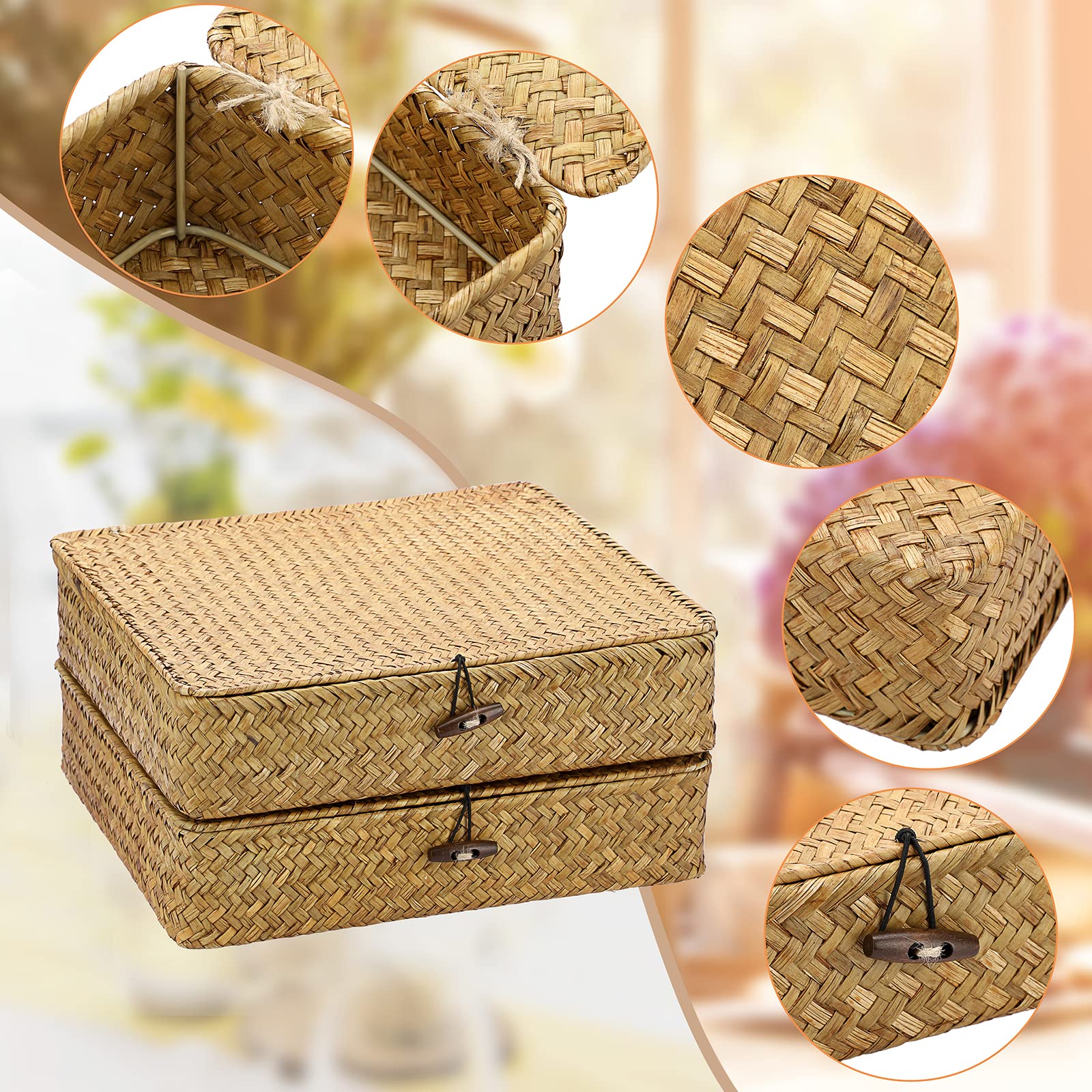 BTSKY 2 Pack Wicker Baskets With Lids Flat Woven Storage Bins for Shelf Organizing Natural Seagrass Storage Baskets with Lids Home Utility Organizer Box for Home & Office Supplies, Caramel (Large)