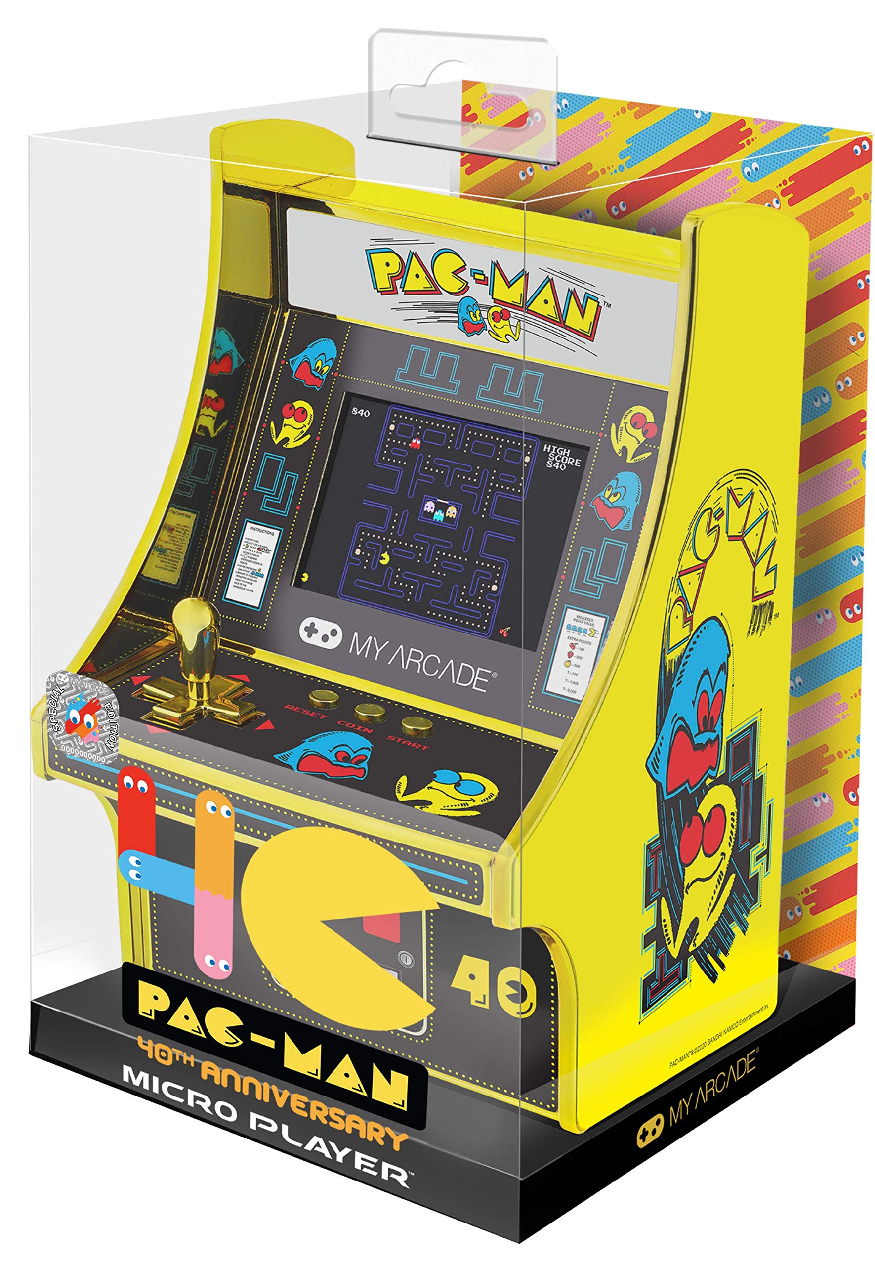 My Arcade Pac-Man 40th Anniversary Micro Player, Fully Playable, 6.75 Inch Collectible, Full Color, Gold Plated, Battery or Micro USB Powered (DGUNL-3290), yellow