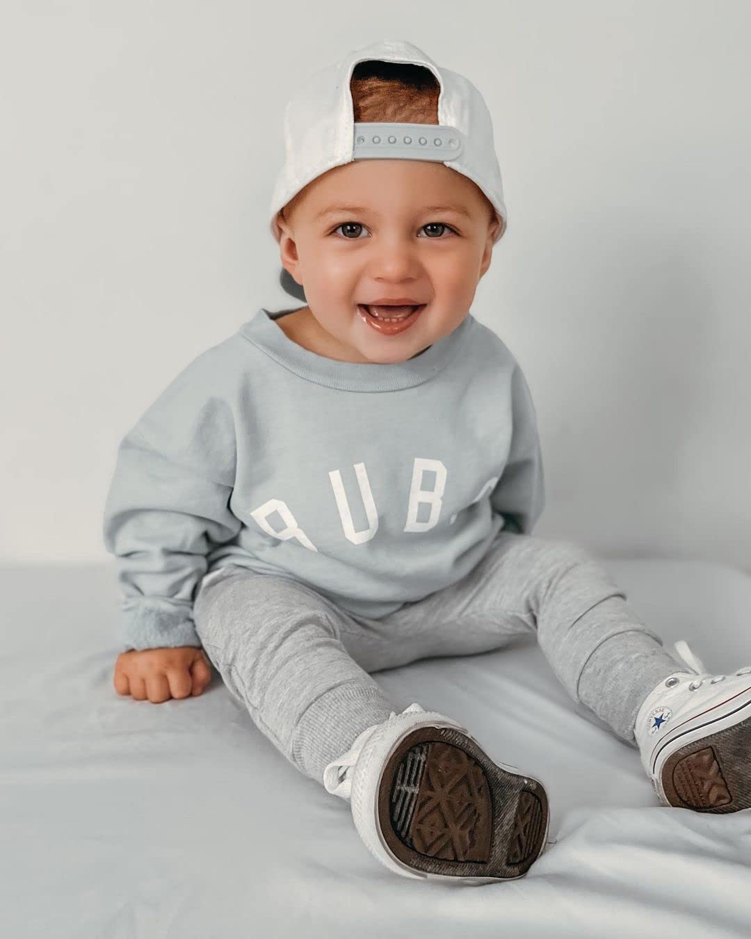 Baby Boy Clothes Outfits 2pcs Letter Print Crewneck Sweatshirt Pants Sweatsuit Little Boy Clothing(Bubs Blue, 6-12 Months)