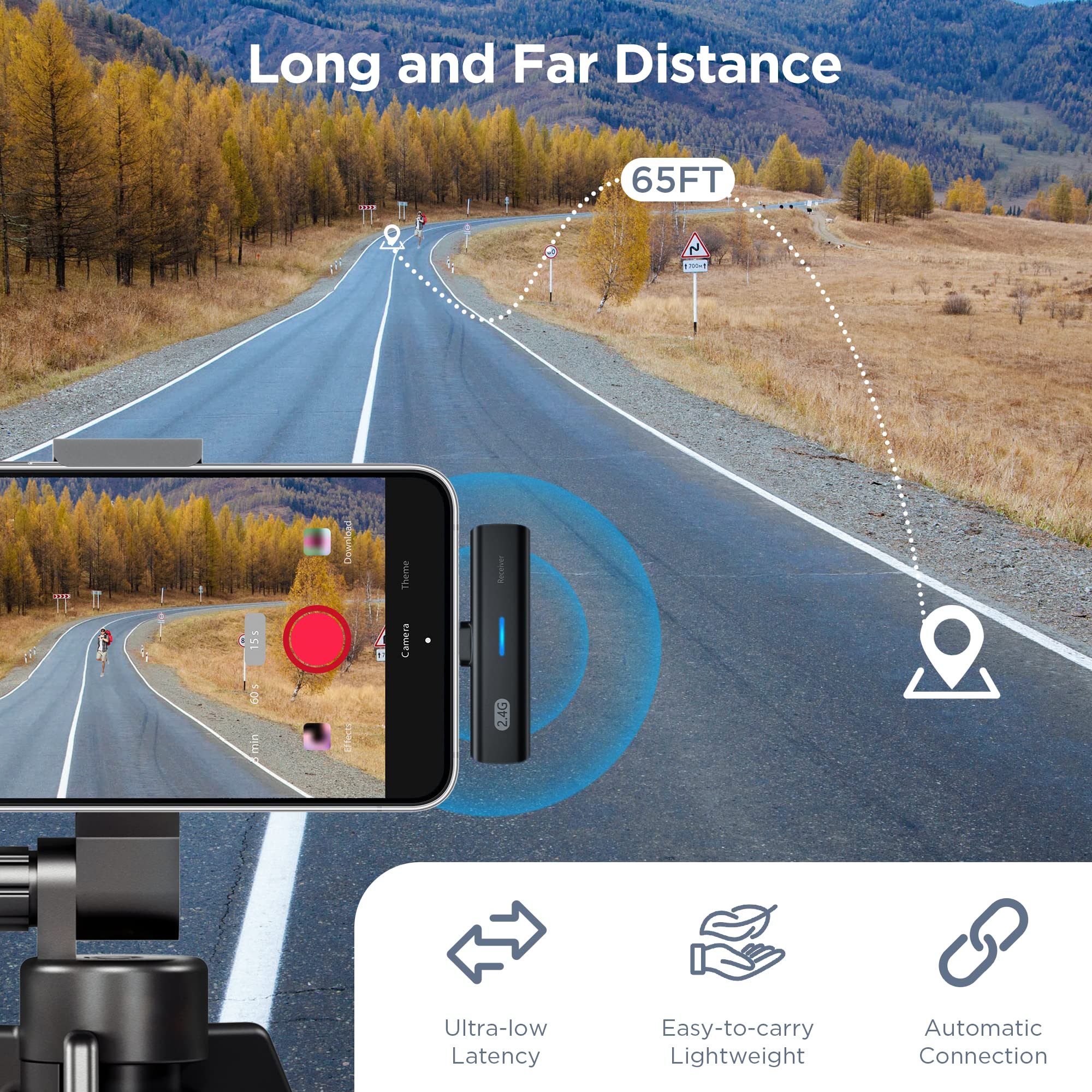 Bietrun Wireless Lavalier Microphones for Android, 65 FT Plug-Play Lav Mic with USB C Interface for Video Recording, Wireless Clip on Microphone for Podcast Vlog YouTube