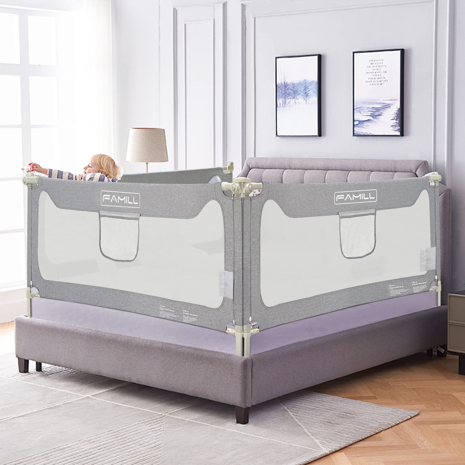 FAMILL Bed Rails for Toddlers,Toddler Rail,Baby Rail Guard,Kids' & Guards,Bed Guard Queen King Twin Kid, Full Size Extra Length 54"-78.7",(Grey,1 Piece, 74.8")