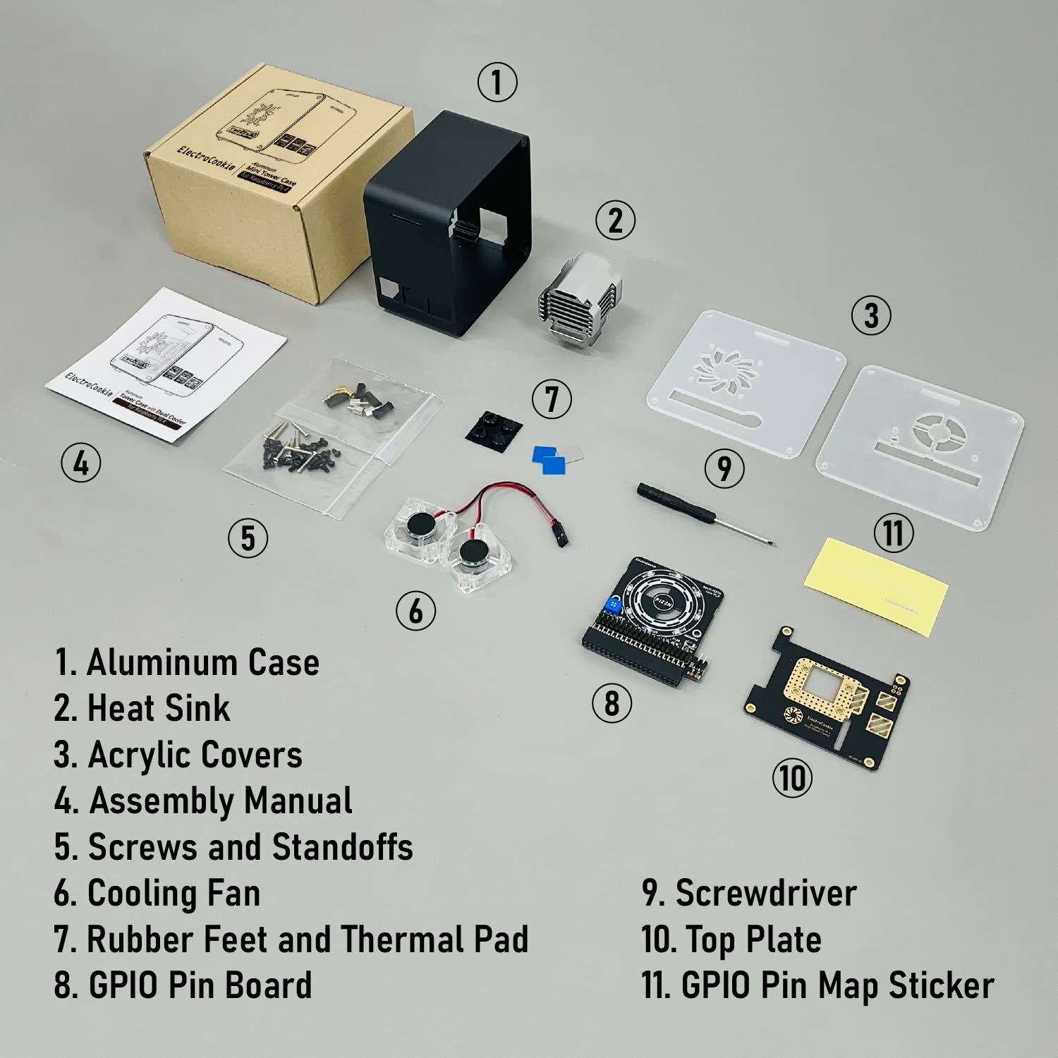 ElectroCookie Raspberry Pi 4 Case, Aluminum Mini Tower Case with Dual Power Cooler and Color Changing Ambient Light (Matte Black)
