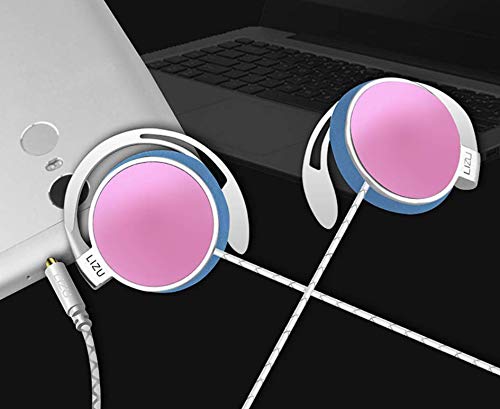 C-YOUNG Clip On Earphones,Over Ear Running Stereophone Headphones for Workout Exercise Gym Compatible for iPhone, Android Mobile Phone, with Microphone and Call Controller Stereo Earphones (Pink)