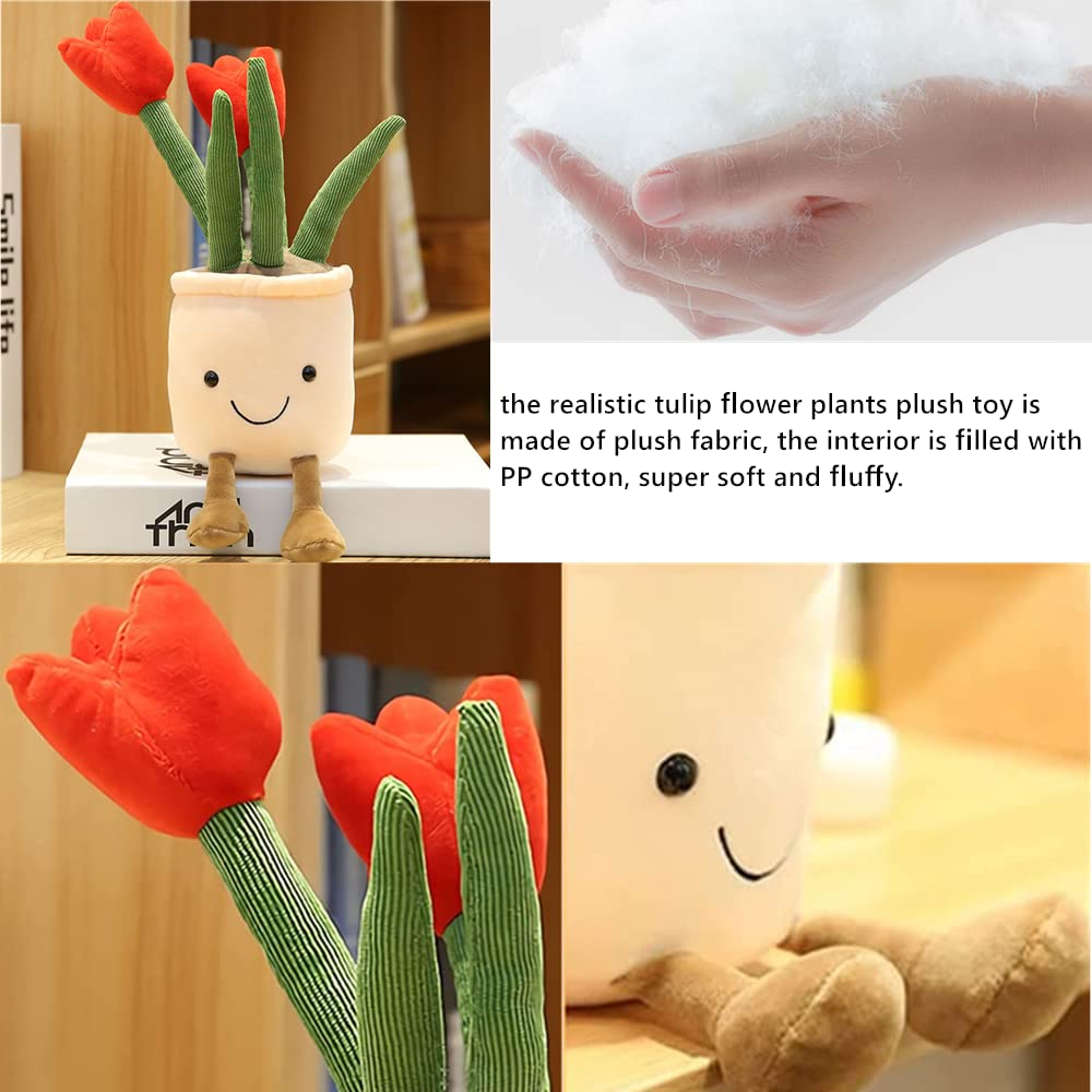 AUCOOMA Stuffed Tulip Plush Toy, Red Flower Pot Stuffed Plants Plushie Pillow Doll 13.8"