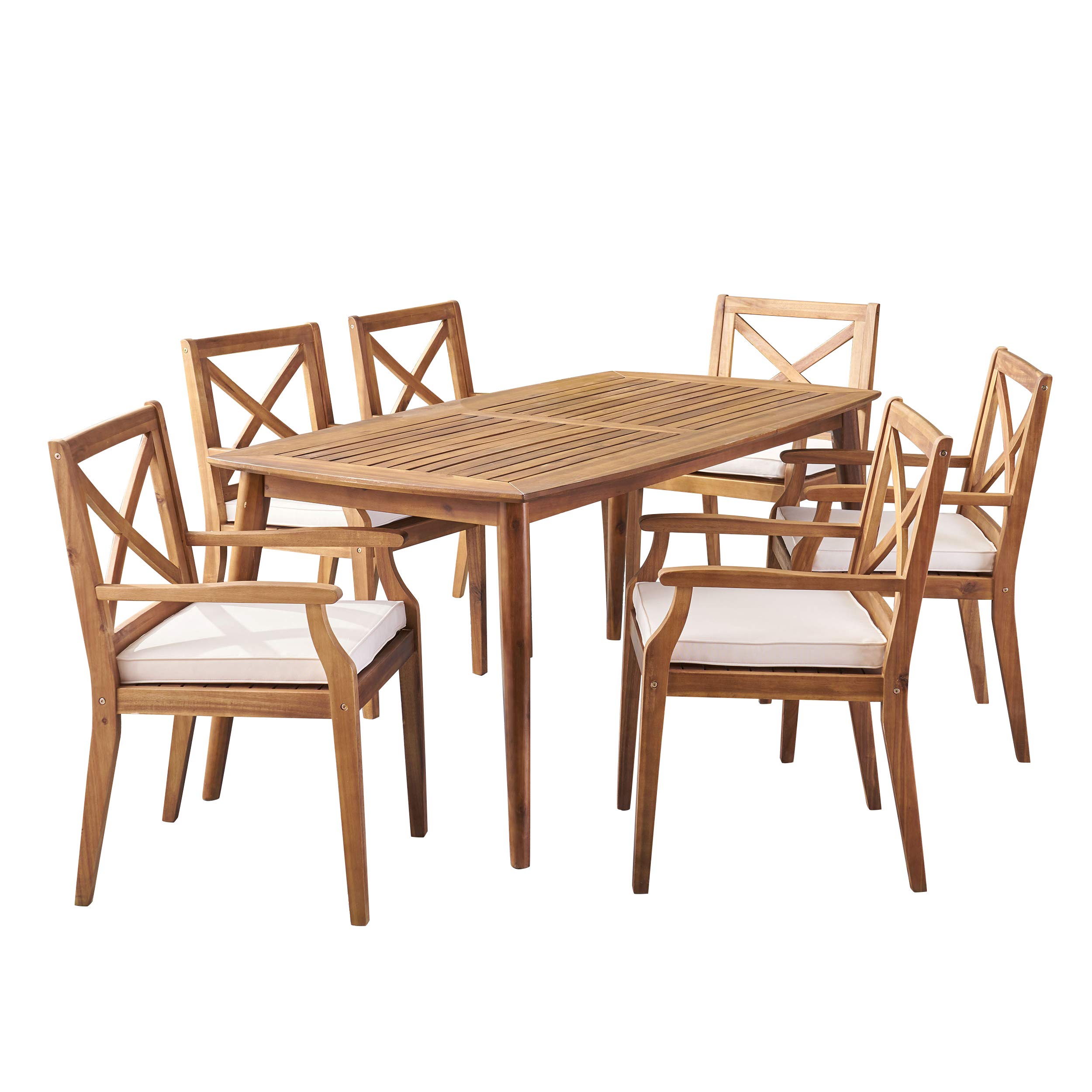 Christopher Knight Home Llando Outdoor 7-Piece Acacia Wood Dining Set, 21.25 "W x 23.25 "D x 35.5 "H, Teak + Cream