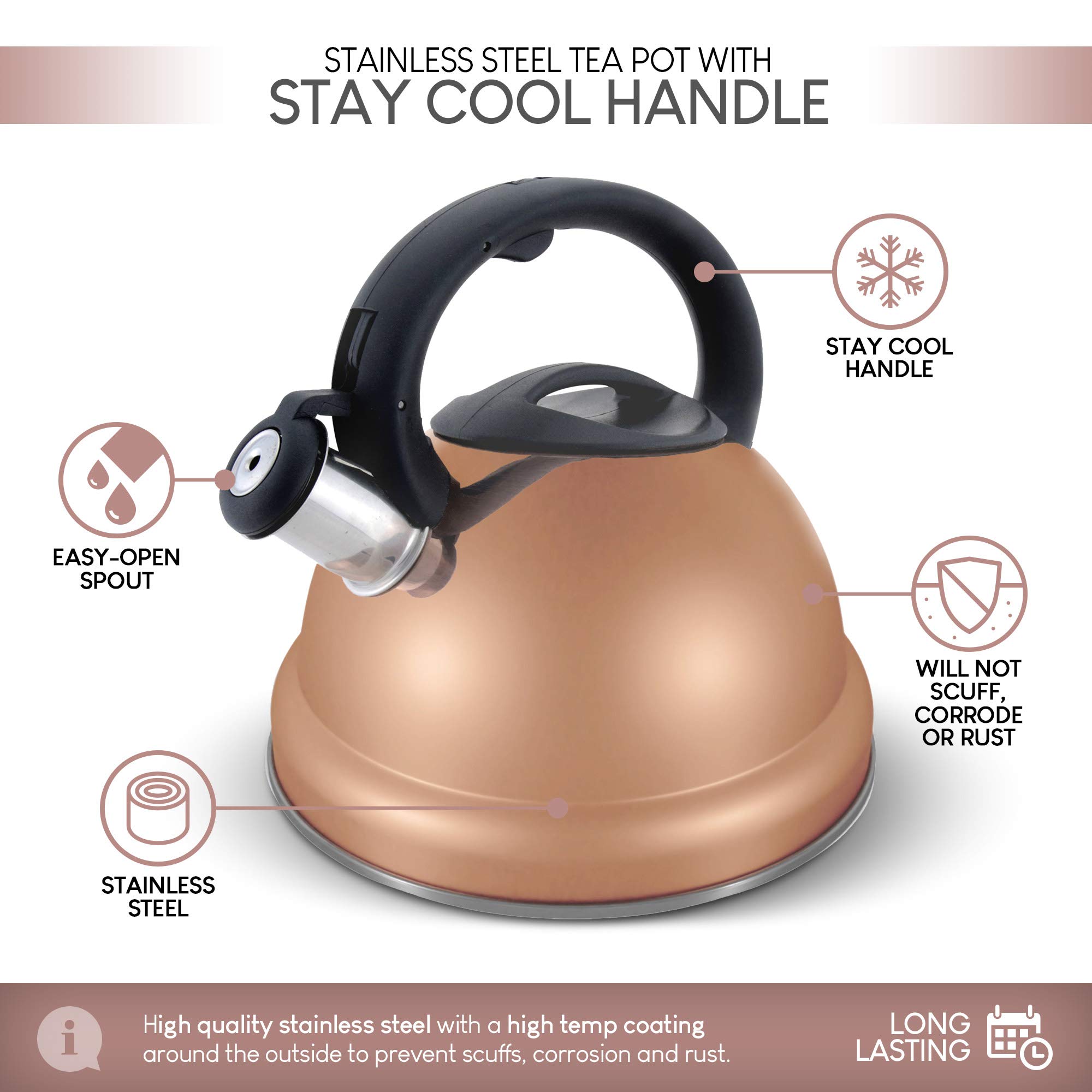 ELITRA HOME Whistling Tea Kettle Stainless Steel Tea Pot for Stovetop with Stay Cool Handle 3.1 Quart / 3 Liter Rose Gold