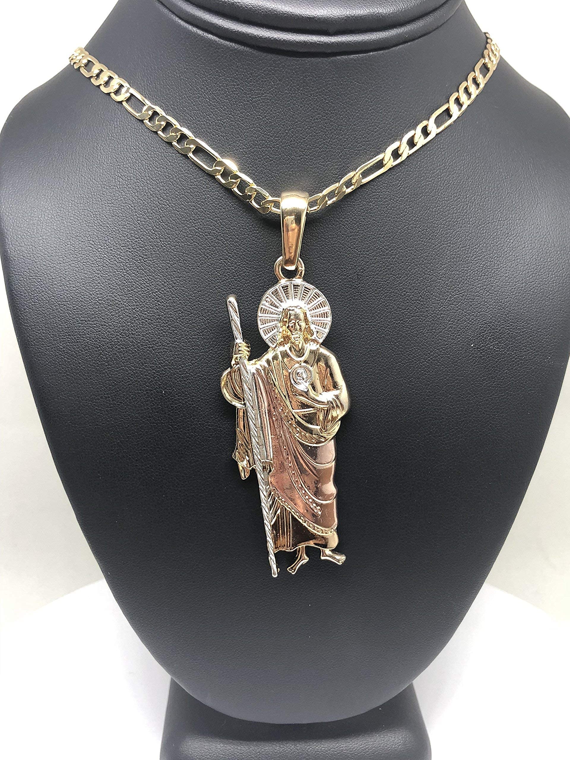 Big Saint Jude Pendant Necklace Figaro 26" San Judas Tadeo XL Tres Colores Medalla Con Oro Laminado