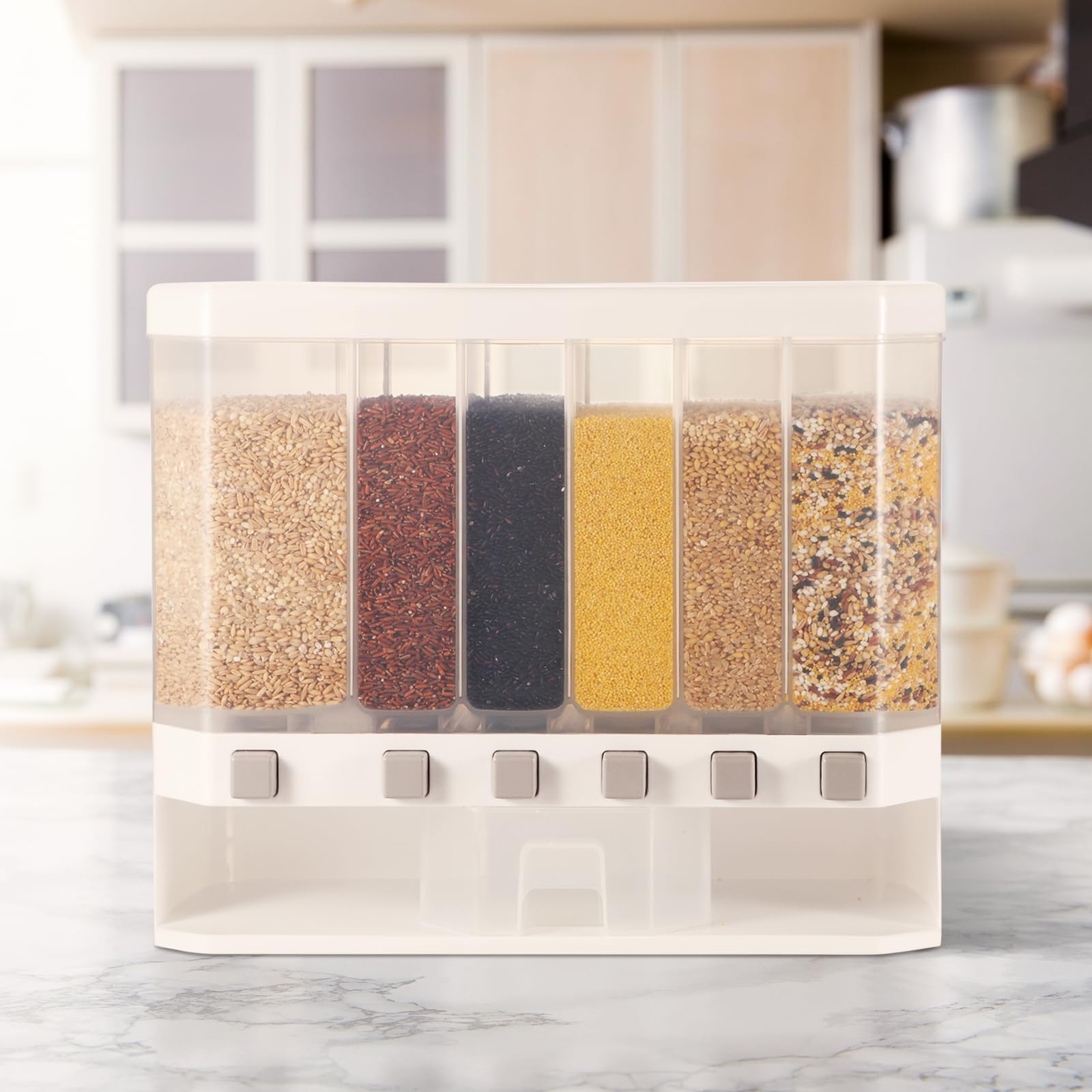 Grain Dispenser with Measuring Cup,Dry Food Dispenser Snack Dispenser Rice Dispenser for Kitchen Organizing,Kitchen Storage 25 Pounds Food Dispensers,6 Grid