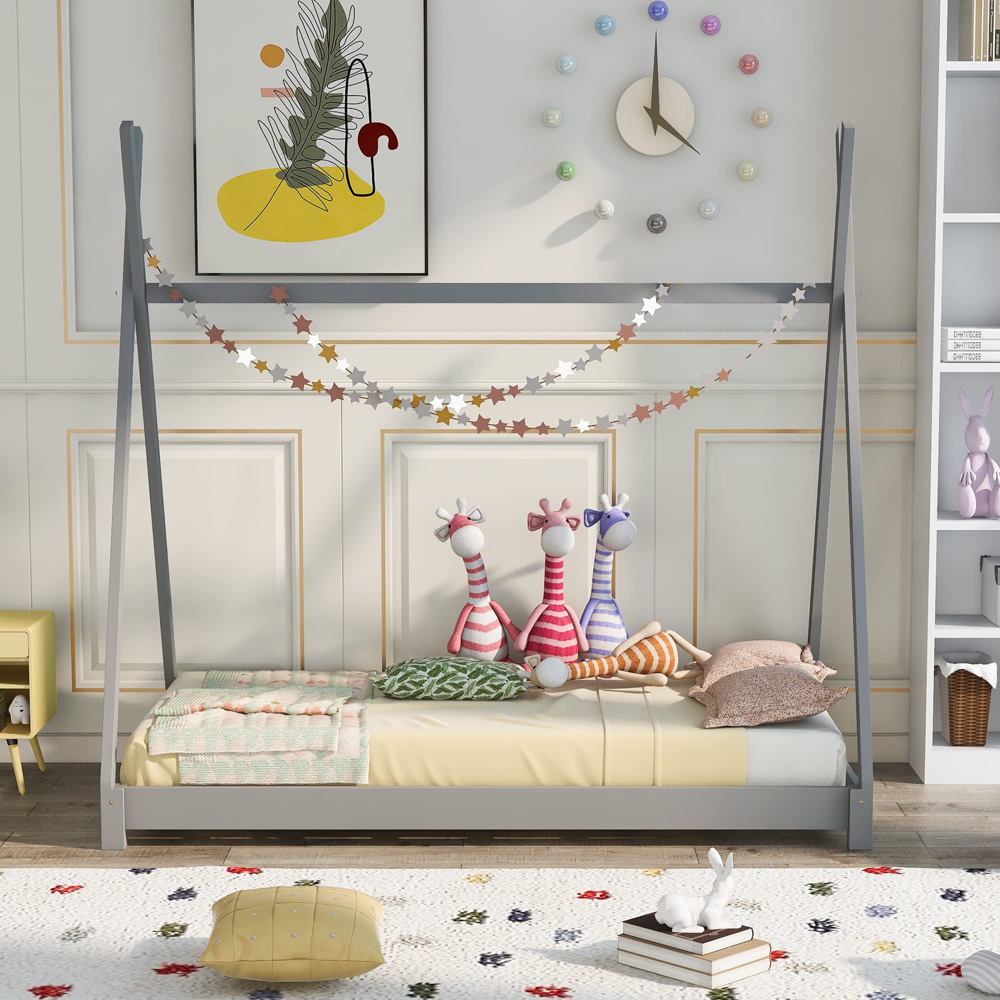 Twin House Bed, Floor Bed, Tent Bed, Wood Platform Bed Frame with Roof for Toddlers Kids Boys Girls Teens, No Box Spring Needed β Gray
