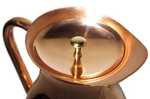 Pure Copper Pitcher (70 oz, 2 Liter) Handcrafted Water Jug & Copper/Brass Lid, Raw Interior for For Ayurveda Health