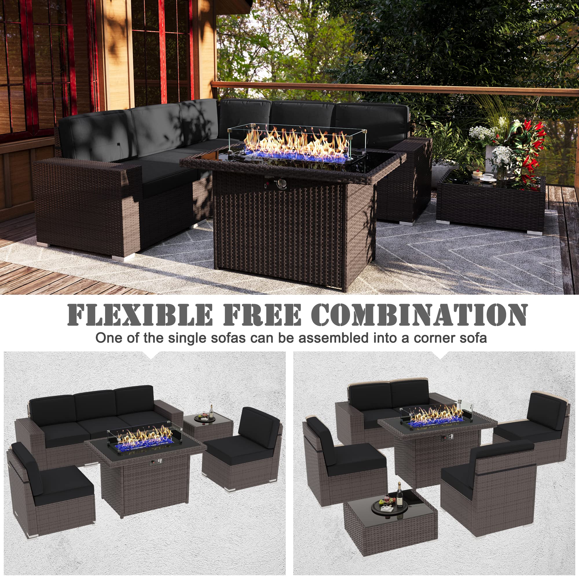 Vakollia 7 Pieces Patio Furniture Set with 44" Propane Gas Fire Pit Table, Outdoor Sectional Brown Rattan Wicker Conversation Sofa Sets with Coffee Table