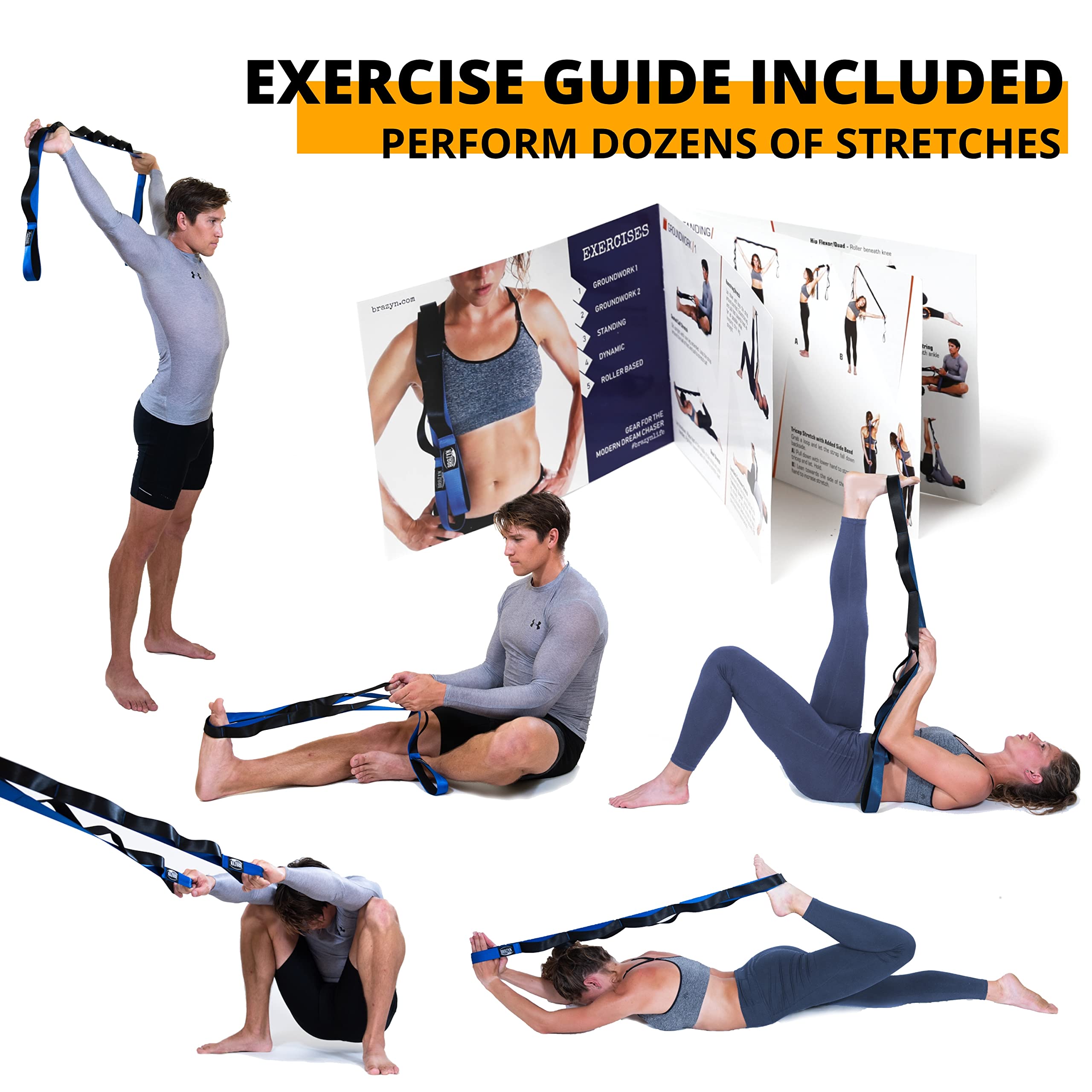 Brazyn Bundle - Resistance Bands Kit (with Handles) and Mobility Stretching Strap (Navy) for Home Workouts, Strength Training, Stretching, Yoga, Physical Therapy, Pilates, Dance and Gymnastics