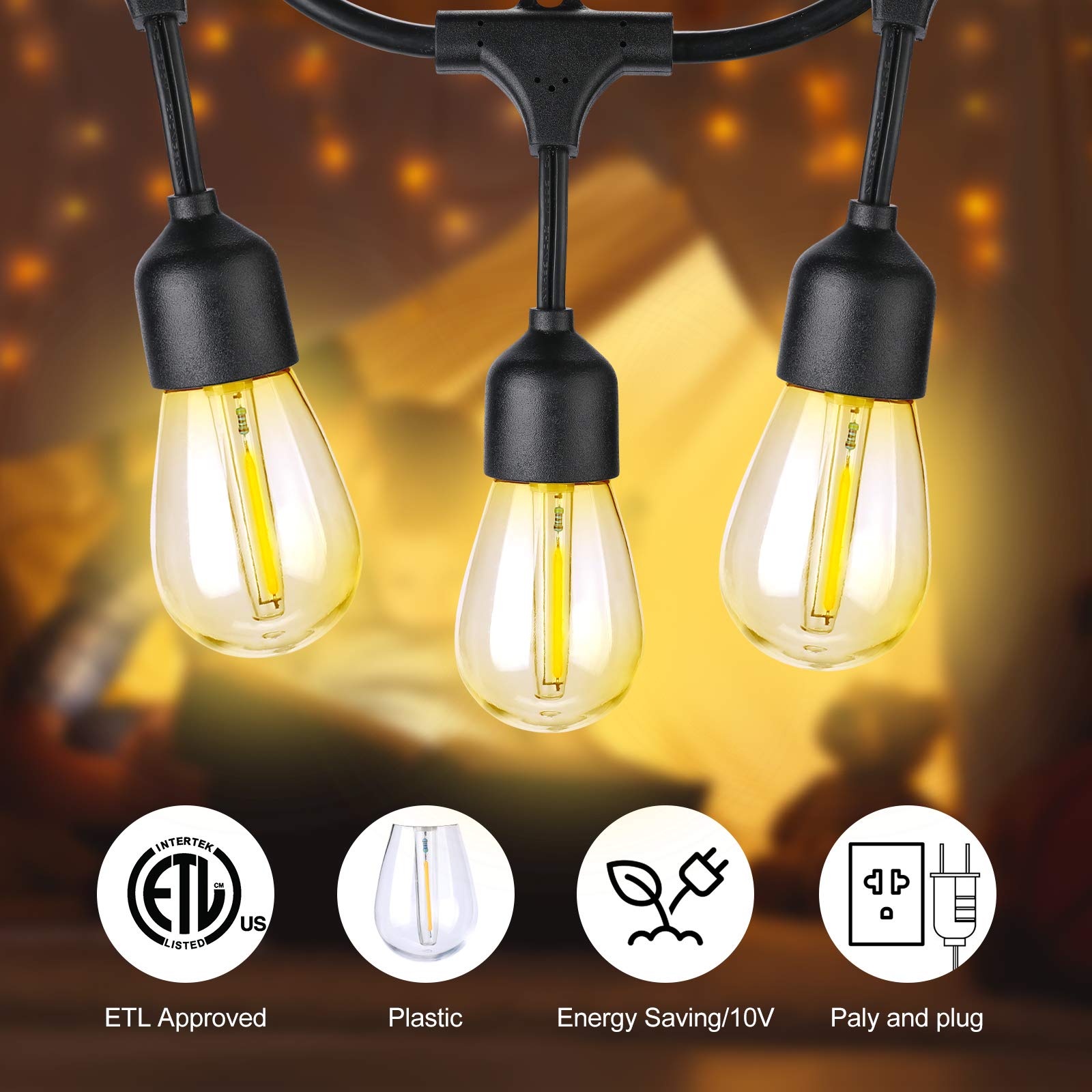 JOYSTA Outdoor String Lights - Waterproof Patio Light String 48FT with 15 Hanging Sockets IP65 Weatherproof Yard Lights 1w S14 Bulbs Lighting for Party Bistro Backyard Garden Cafe
