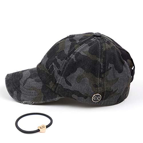 C.C Washed Denim Criss-Cross Ponytail Cap Epoxy Button for face mask (Face Mask not Included) (BT-799) (Black Camo)
