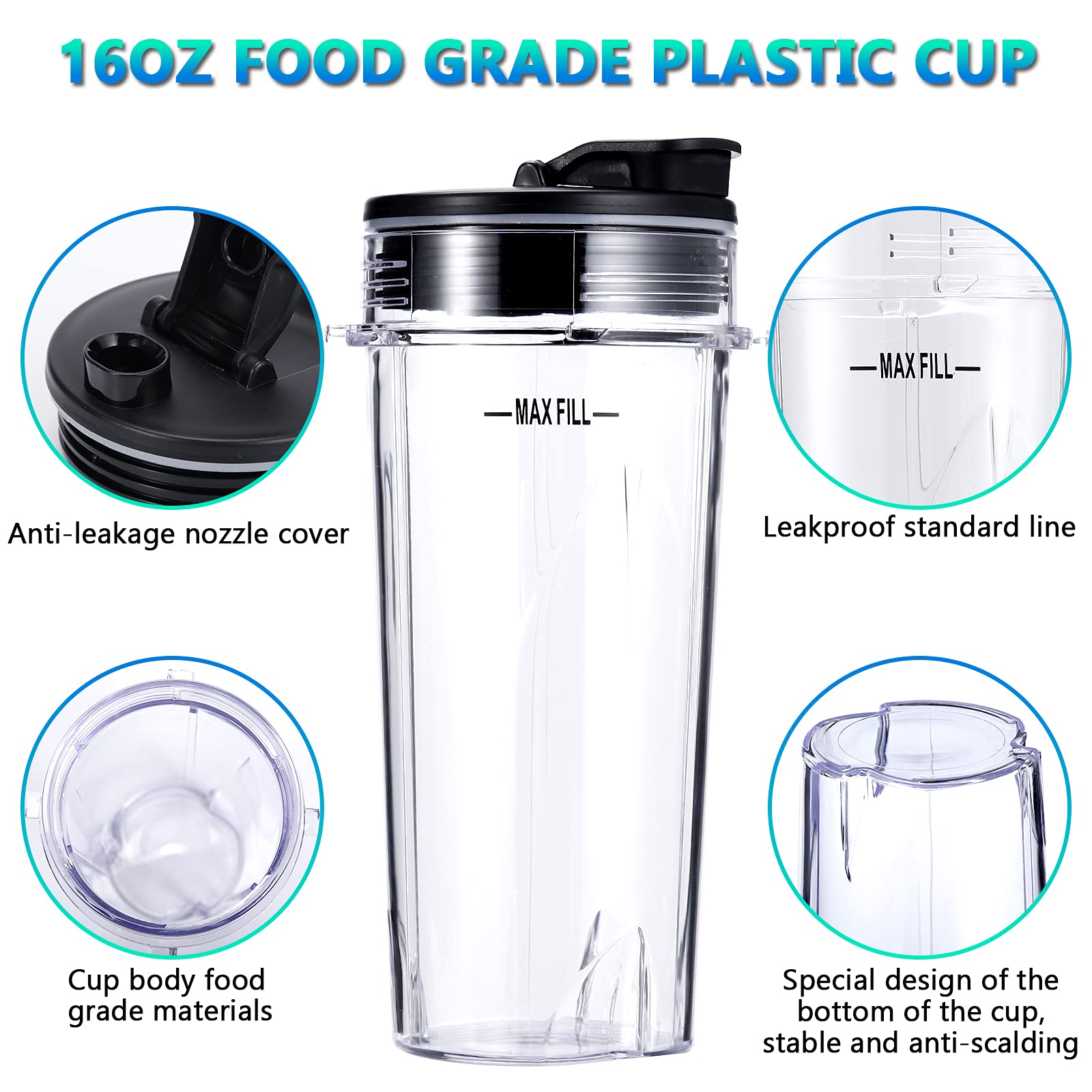 Blender Replacement Parts Compatible with Nutri Ninja, 5 Fins Extractor Blade, 2×16oz Cups with To-Go Lids, 3×Rubber Gasket Accessories for Ninja QB3000/QB3000SSW/QB3004/QB3005/QB3001