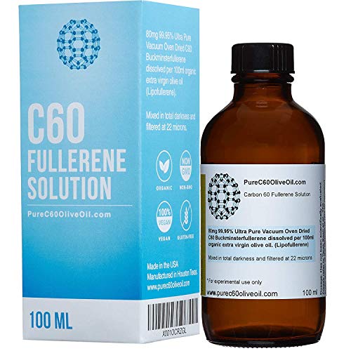PureC60OliveOil C60 Olive Oil 100ml / 3.4 Fl Oz - 99.95% Carbon 60 Solvent Free 80mg - Amber Glass Bottle - Food Grade - Carbon 60 Olive Oil - From The Leading Global Producer