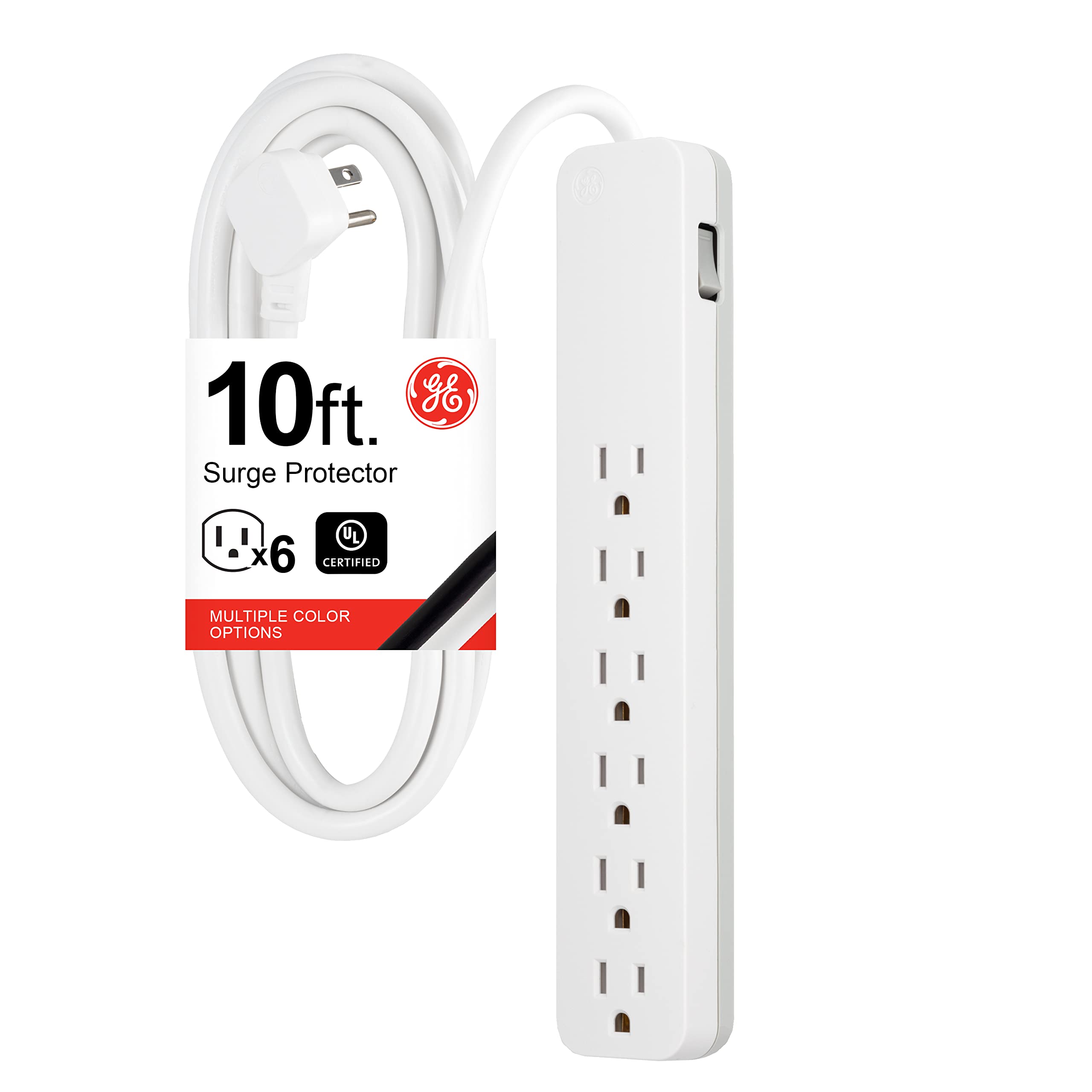 GE 6-Outlet Surge Protector, 10 Ft Extension Cord, Power Strip, 840 Joules, Flat Plug, UL Listed, White, 62932