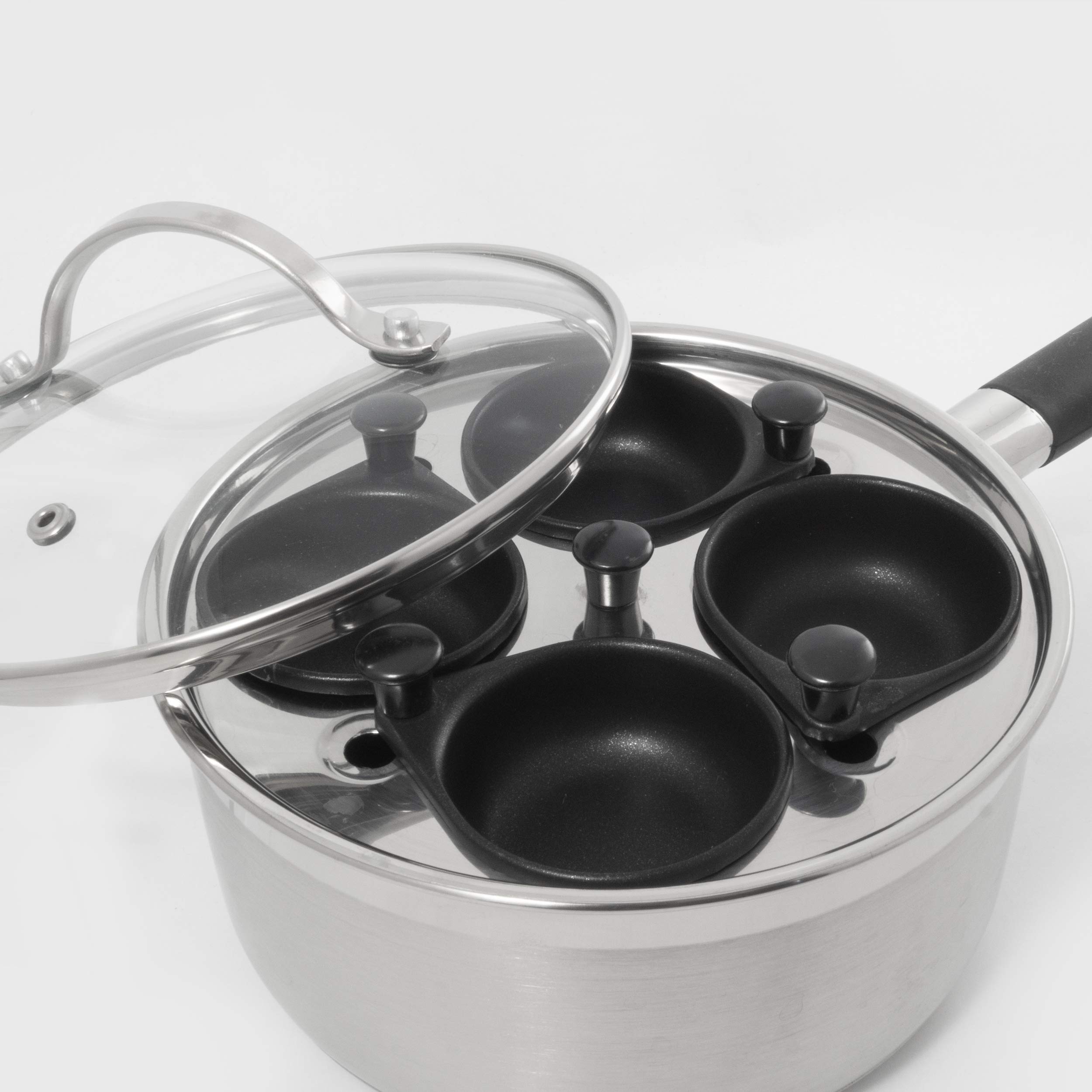 ExcelSteel Saucepan W/FREE Silicone Spatula Gift, Non Stick Easy Professional Breakfast Brunch Egg Poacher, 4 Cup, Stainless