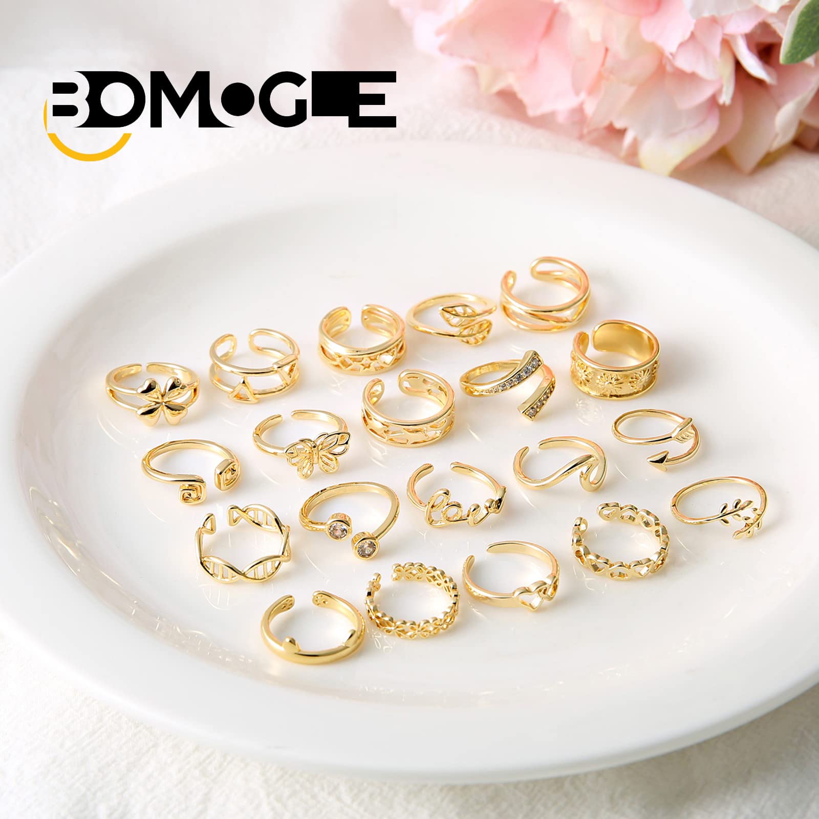 BOMOGLE 20pcs Adjustable Toe Rings for Women Arrow Wave Moon Star Butterfly Heart Leaf Gold Silver Rose Gold Open Tail Ring Beach Foot Jewelry Set