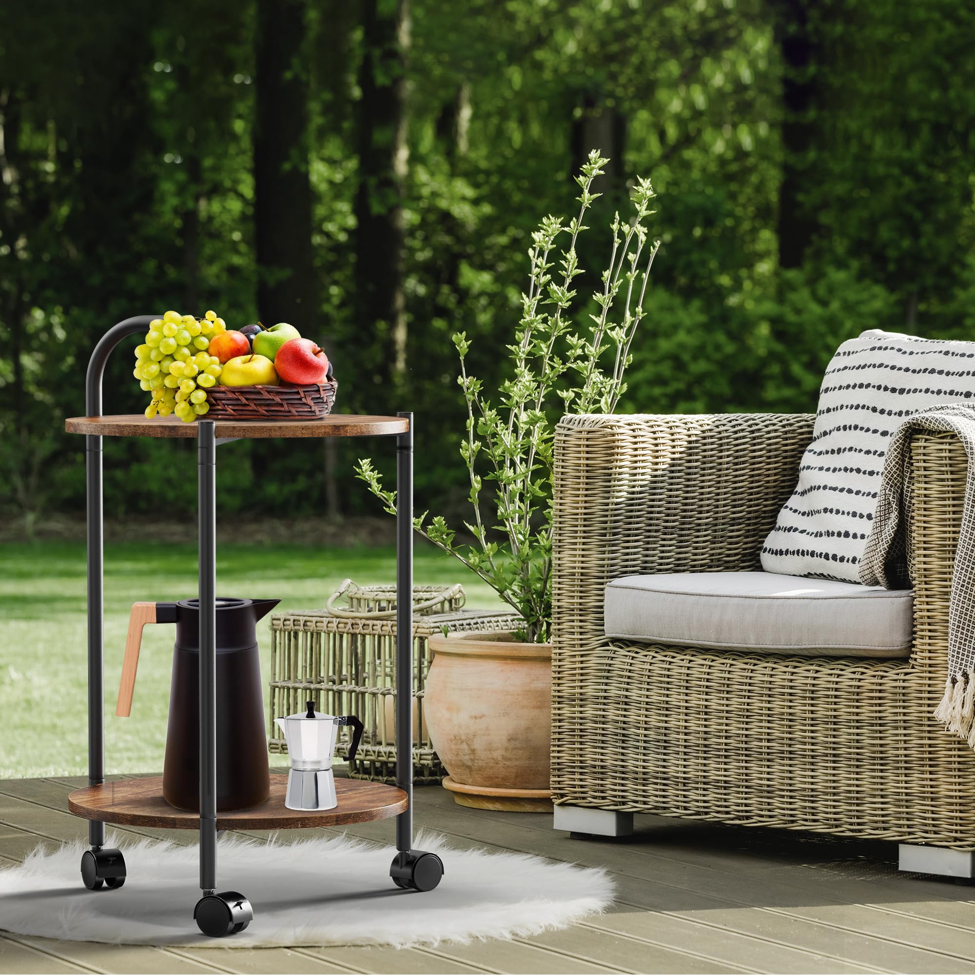 Bavelye 2-Tier Round Side Table, Modern Wooden Small Sofa Coffee End Tables Indoor Outdoor with Lockable Wheels Portable Bedside Table for Living Room, Kitchen,Dark Brown.