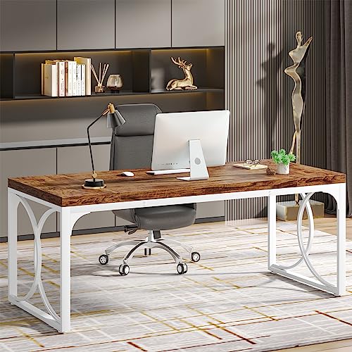 Tribesigns 63" Executive Desk, Large Office Computer Desk with Strong Metal Frame, Modern Thicken Wood Workstation Business Furniture for Home Office, Easy Assembly (Walnut & White)