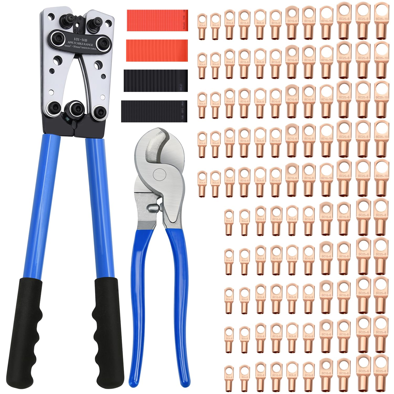Cable Lug Crimping Tool with 170pcs Copper Wire Lugs and 210pcs Heat Shrinkable Tube, Wire Crimping Tool for AWG 10-1/0 Electrical Lug Crimper, with Cable Cutter