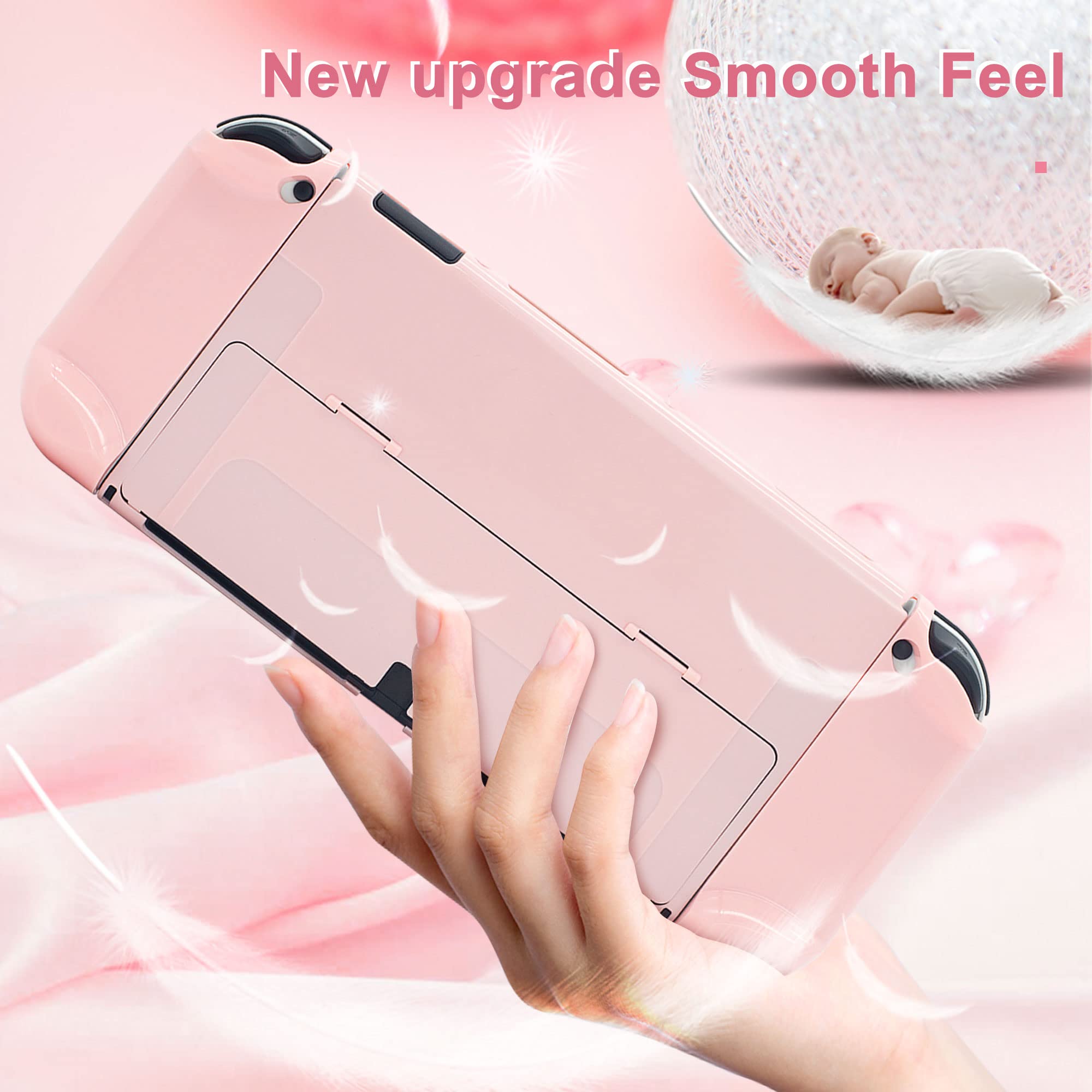 BRHE Cute Dockable Case Compatible with Nintendo Switch OLED 2021 [New Upgrade] Protective Grip Skin Cover with Tempered Glass Screen Protector and Thumb Stick Caps (Pink)