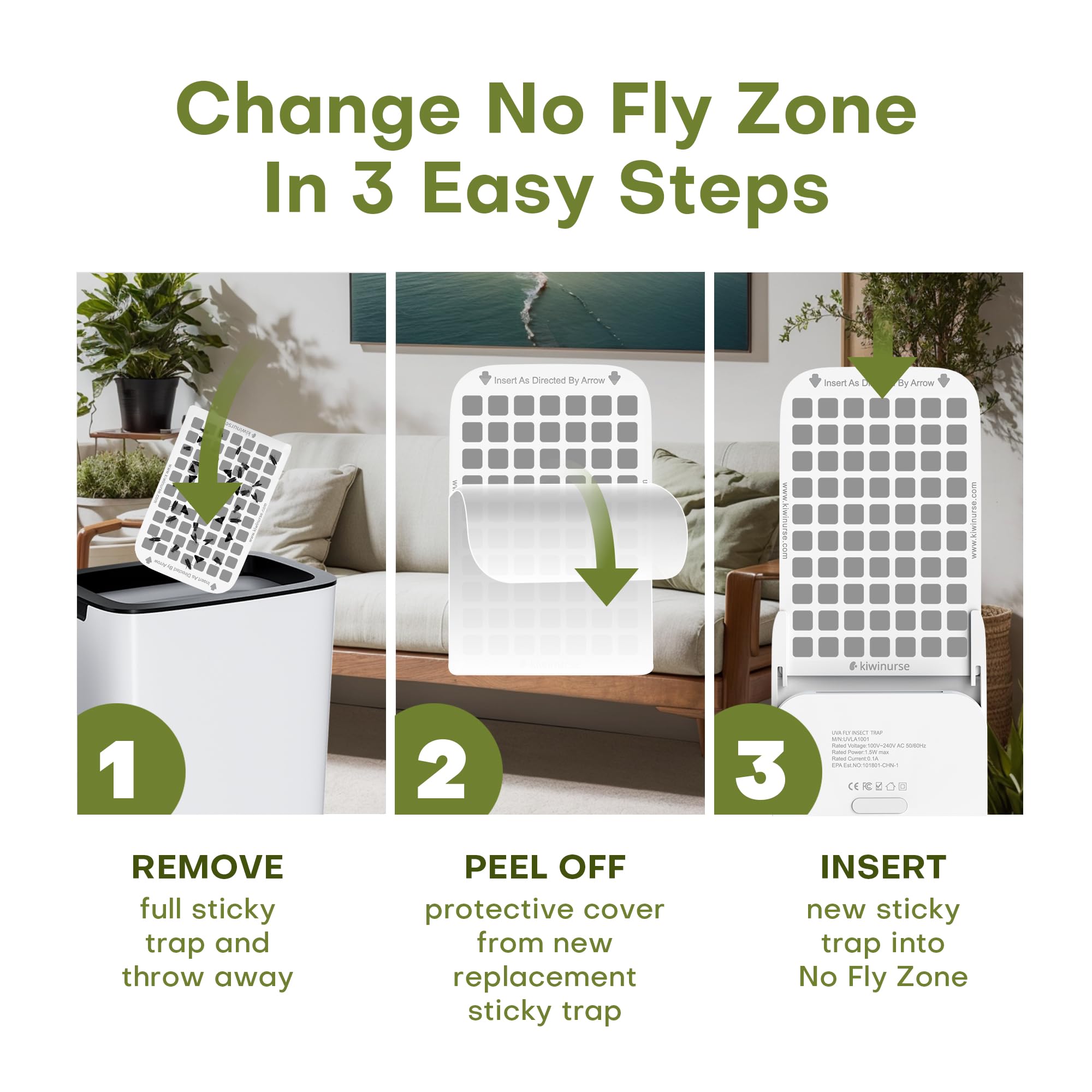 Kiwinurse Indoor Fly Trap for Home - Flying Insect Trap Fruit Fly Traps for Bugs, Gnats, Moths for Indoors with Bug Lights & Refills,1 Device+2 Double Sided Glue Cards