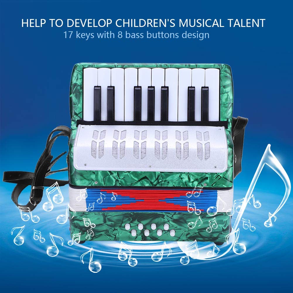 Beginner Accordion, 17 Key 8 Bass Entry Level Accordion with Adjustable Shoulder Strap Piano Accordion Instruments for Beginners Mother's Day Gift (Green)