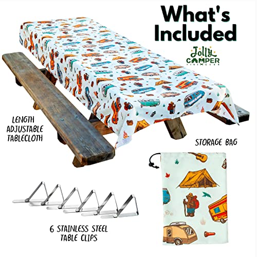 Jolly Camper Vintage Style Camping Tablecloth, Picnic Tablecloth, Fits 4ft to 8ft Picnic Tables, Polyester, Washable & Reusable, Spill & Stain Resistant, Water Repellent, Table Cloth for Picnic Table