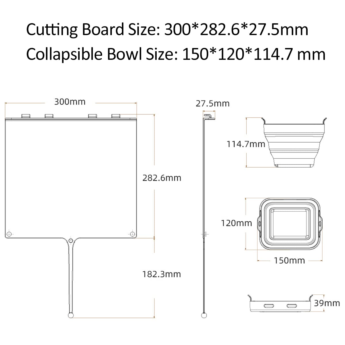 Coolnice Collapsible Silicone Cutting Board Portable Slip Resistant Cutting Mat with 2 foldable bowls for Home Kitchen Picnic Camping-White