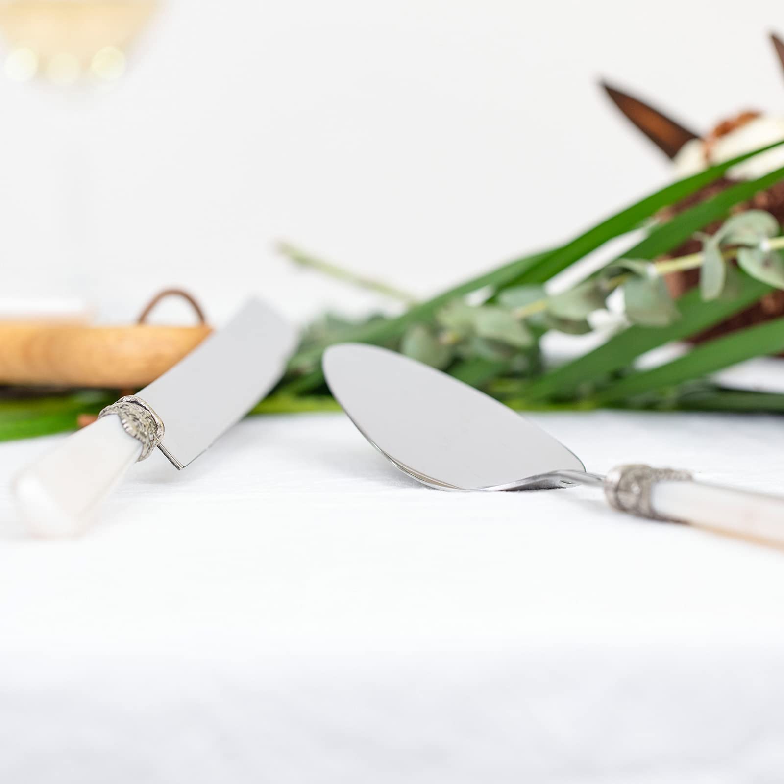 CATHYLIN Wedding Cake Knife and Serve Set, Fancy Hand Craft Italian Style Design, White Pearl Pie Knife Server Set, Vintage Silverware,Cake Cutter Set, Cake Knife Gift Set, 2 pcs